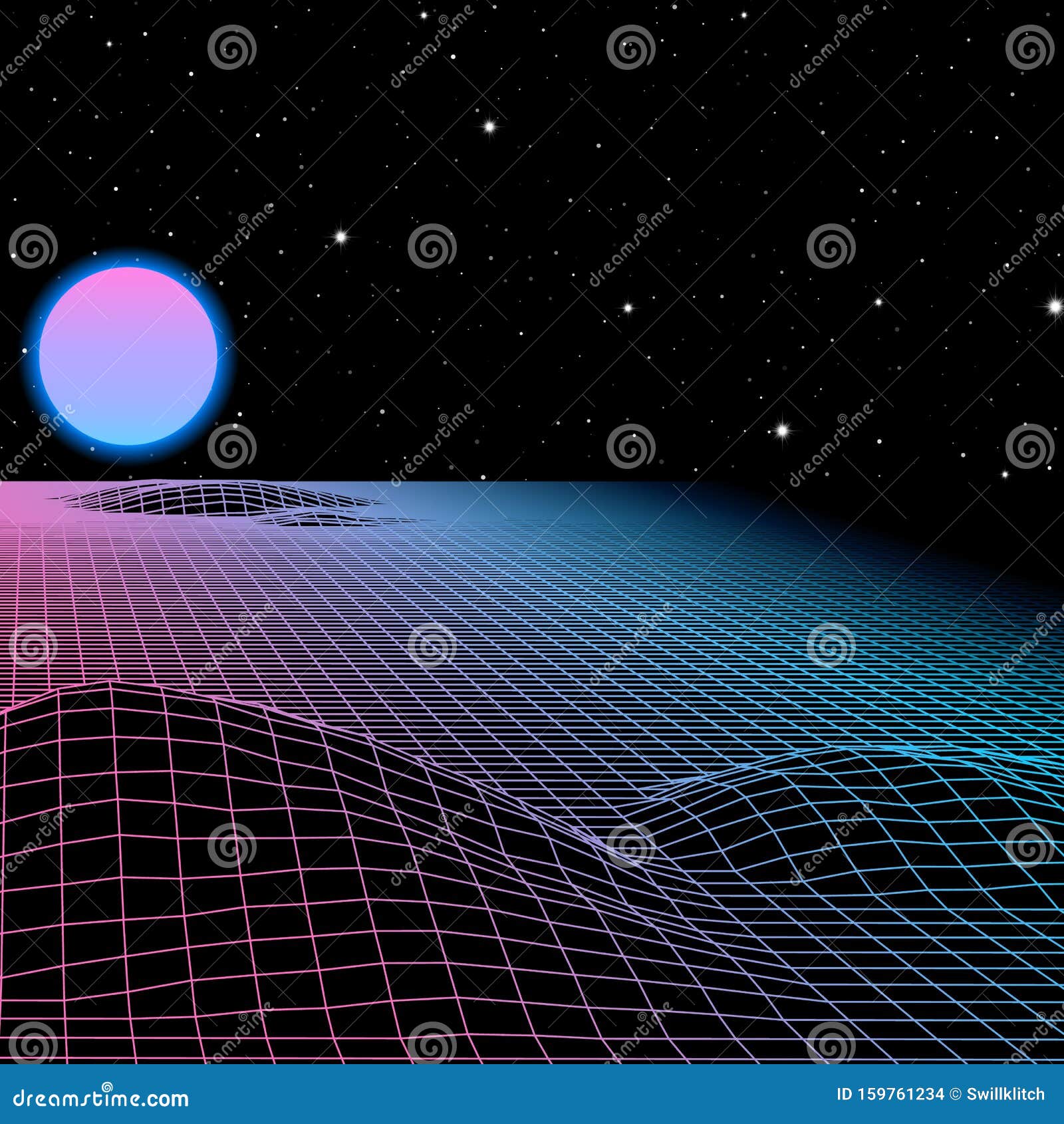 Landscape with Wireframe Grid of 80s Styled Retro Computer Game or ...