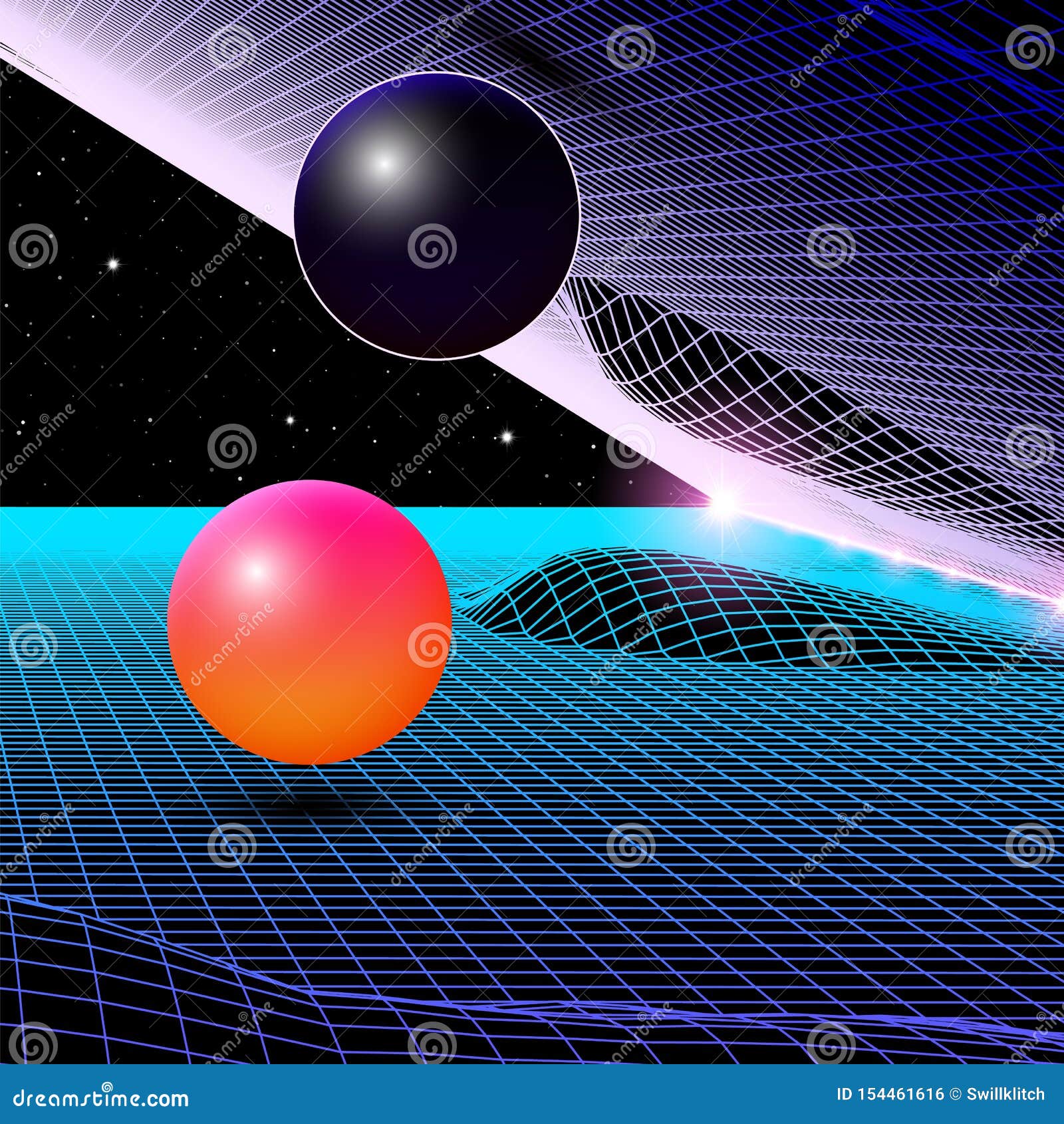 Landscape with Wireframe Grid of 80s Styled Retro Computer Game or ...