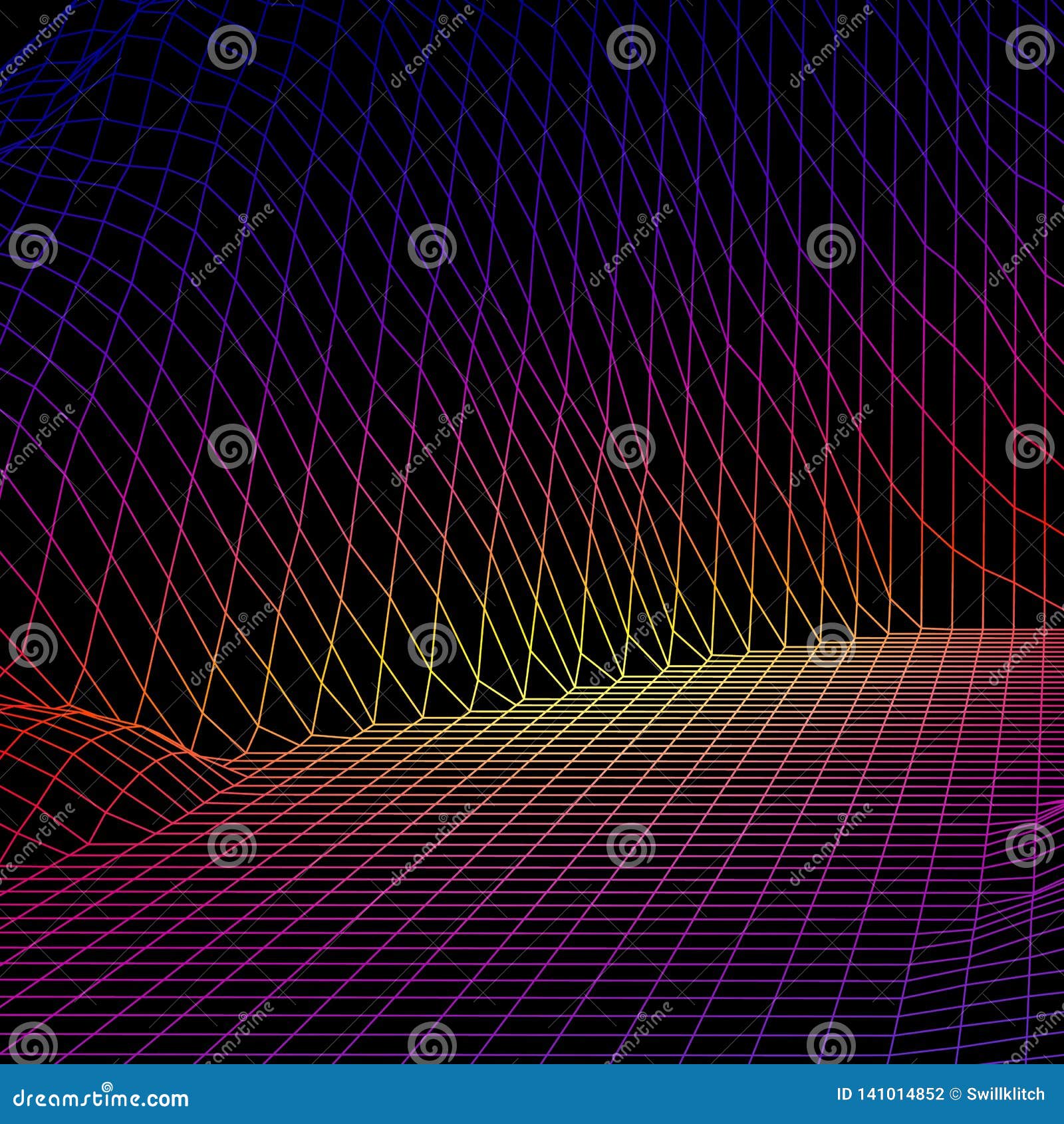 Landscape with Wireframe Grid of 80s Styled Retro Computer Game or ...