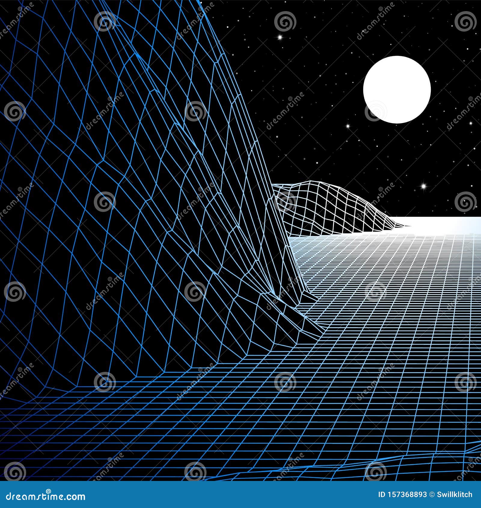 Landscape with Wireframe Grid of 80s Styled Retro Computer Game or ...