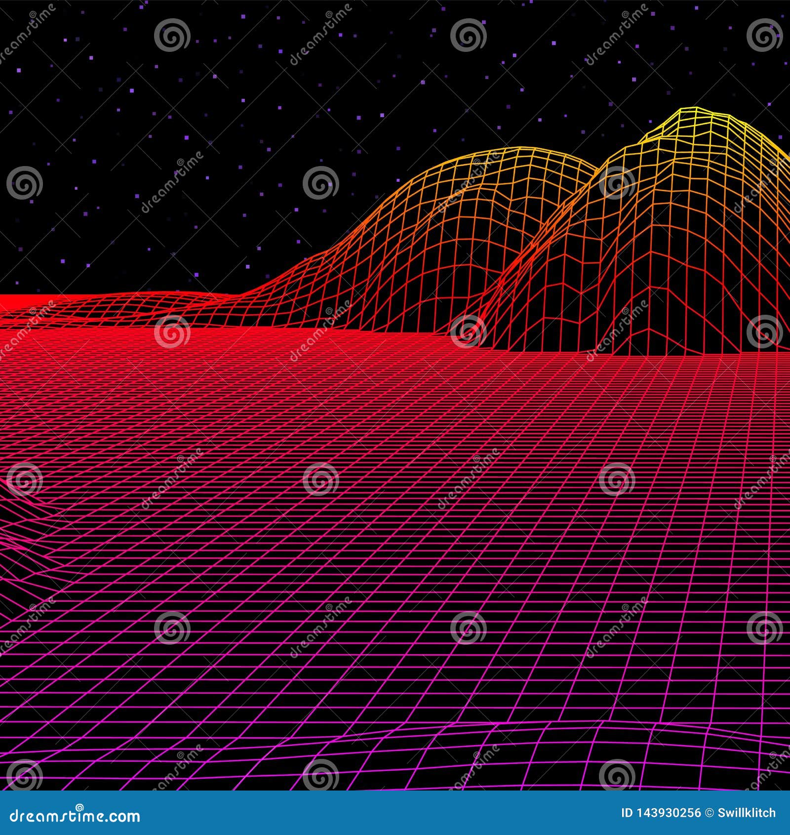 Landscape with Wireframe Grid of 80s Styled Retro Computer Game or ...
