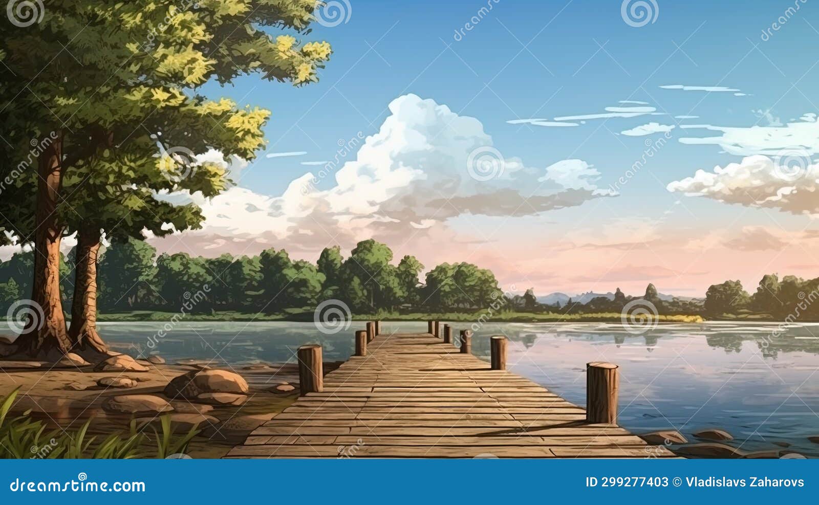 Landscape with a Wooden Bridge Over the River Stock Illustration ...