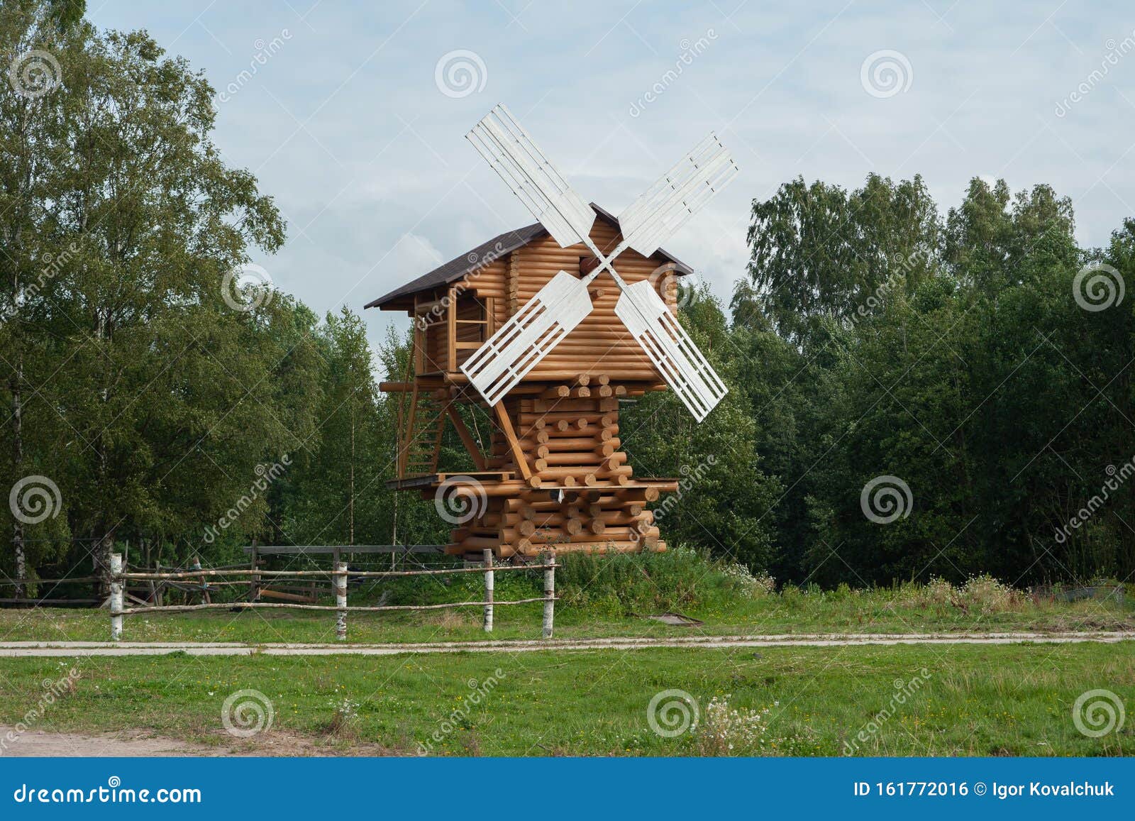 Landscape with Wooden Windmill Stock Photo - Image of nature, grass ...