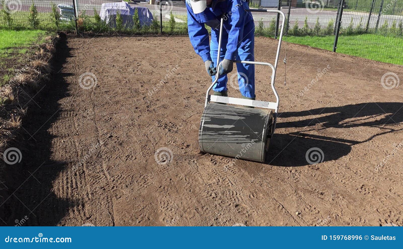 Landscaper Guy Prepare Roller Tool Filled with Water for Lawn Soil ...
