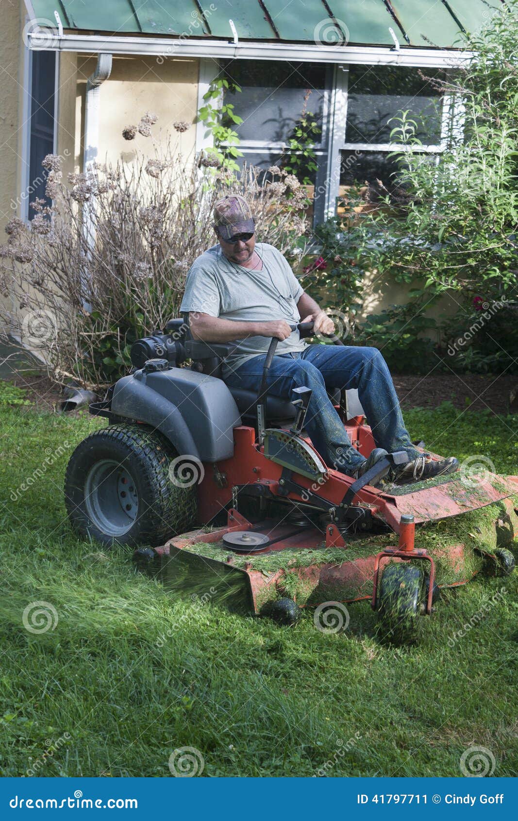Landscaper on Riding Lawn Mower Stock Image - Image of field, grass ...