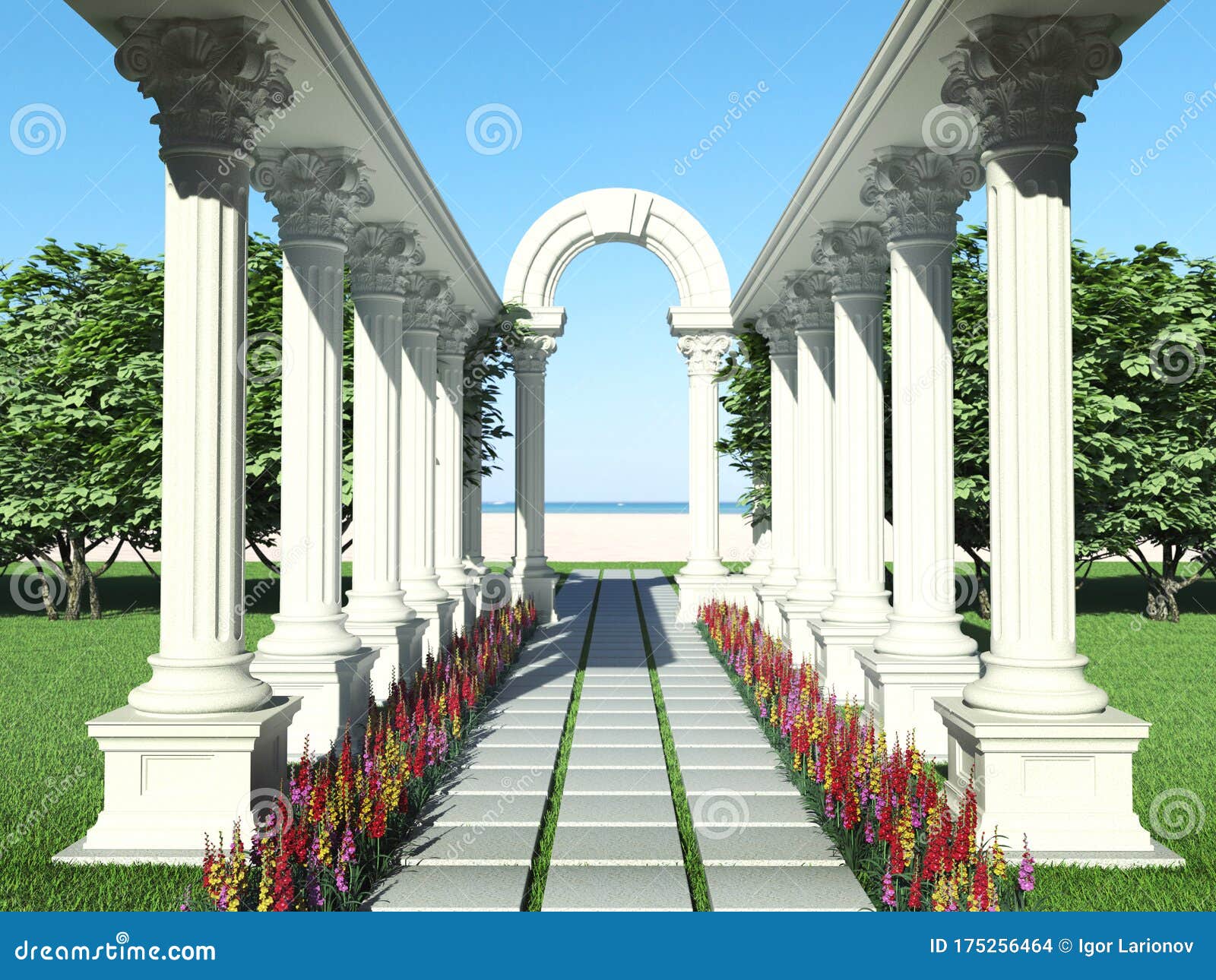 Landscaping. Corridor of Classic Columns and Paving Slabs Stock ... Landscaping. Corridor of Classic Columns and Paving Slabs Stock ...