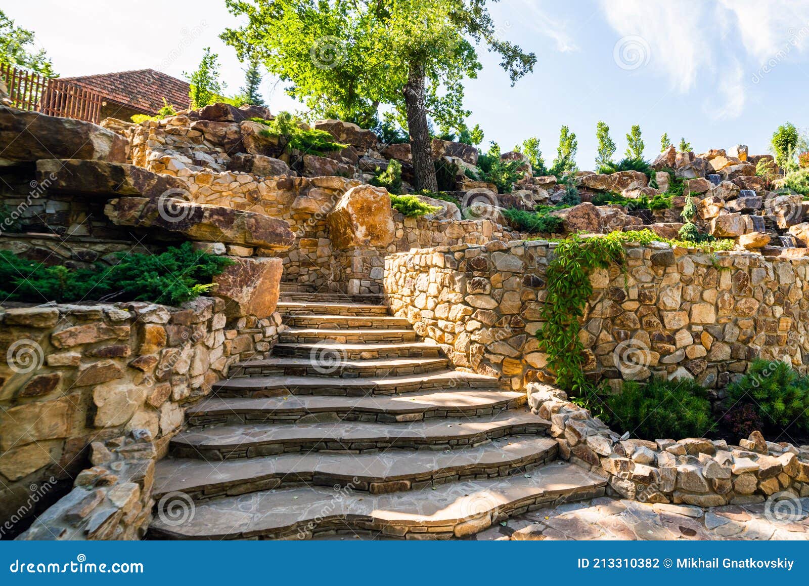 Landscaping. Decorative Stone Steps Down the Hill Stock Photo - Image ...