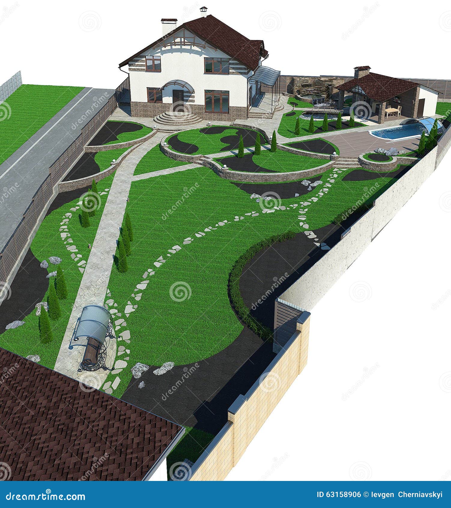 Landscaping Estate Perspective, 3D Render Stock Illustration ...