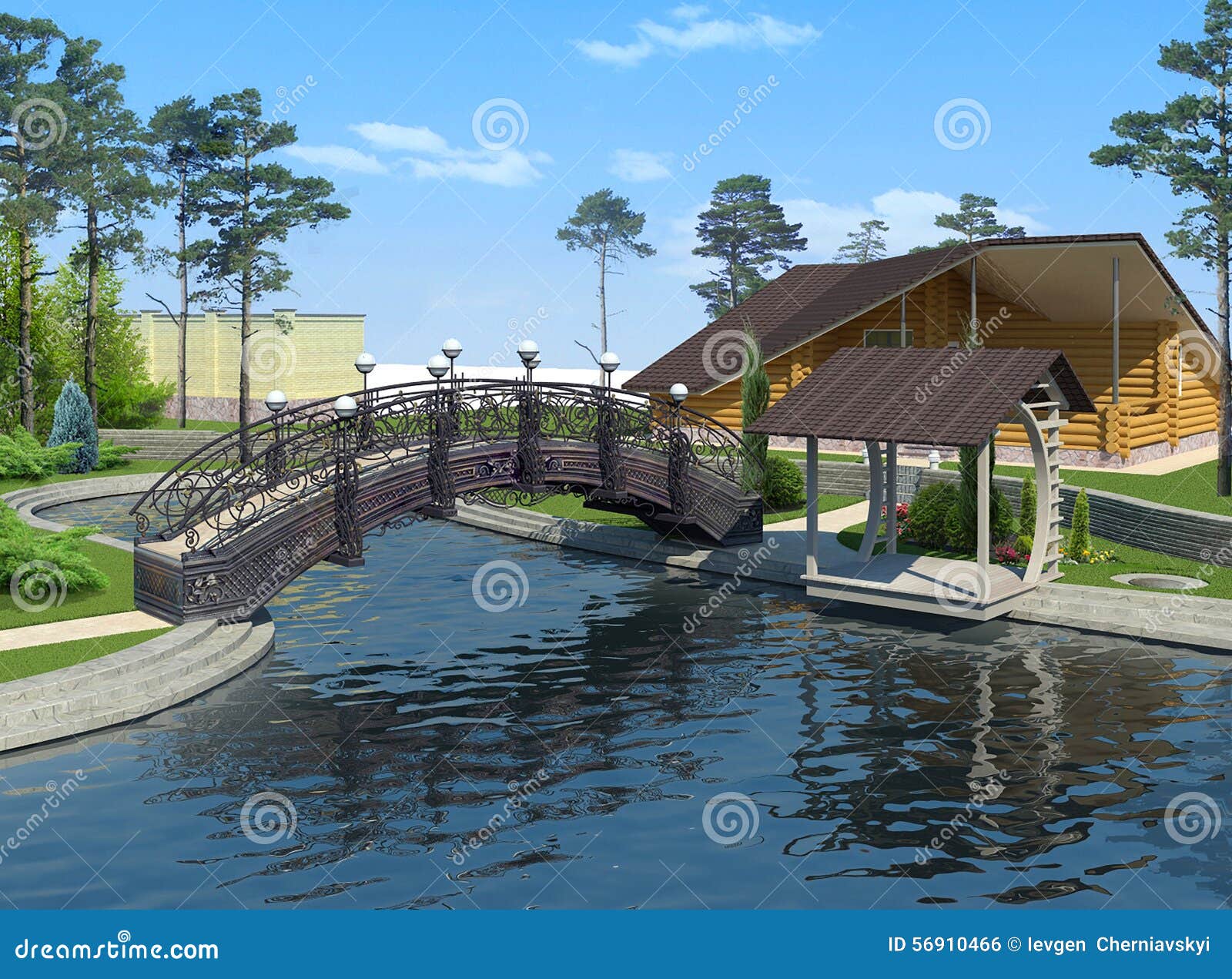 Landscaping Pond and Forged Bridge, 3D Rendering Stock Illustration ...