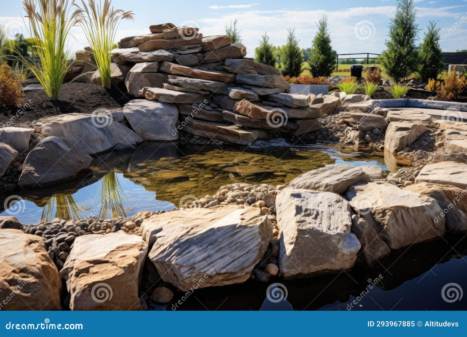 Landscaping Rocks Being Arranged Around a Pond Stock Illustration ...