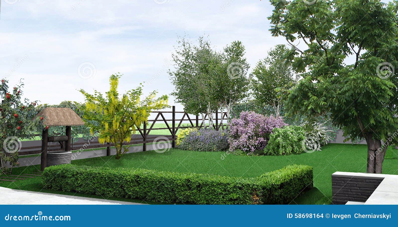 Landscaping Rustic Style Garden, 3D Render Stock Illustration ...