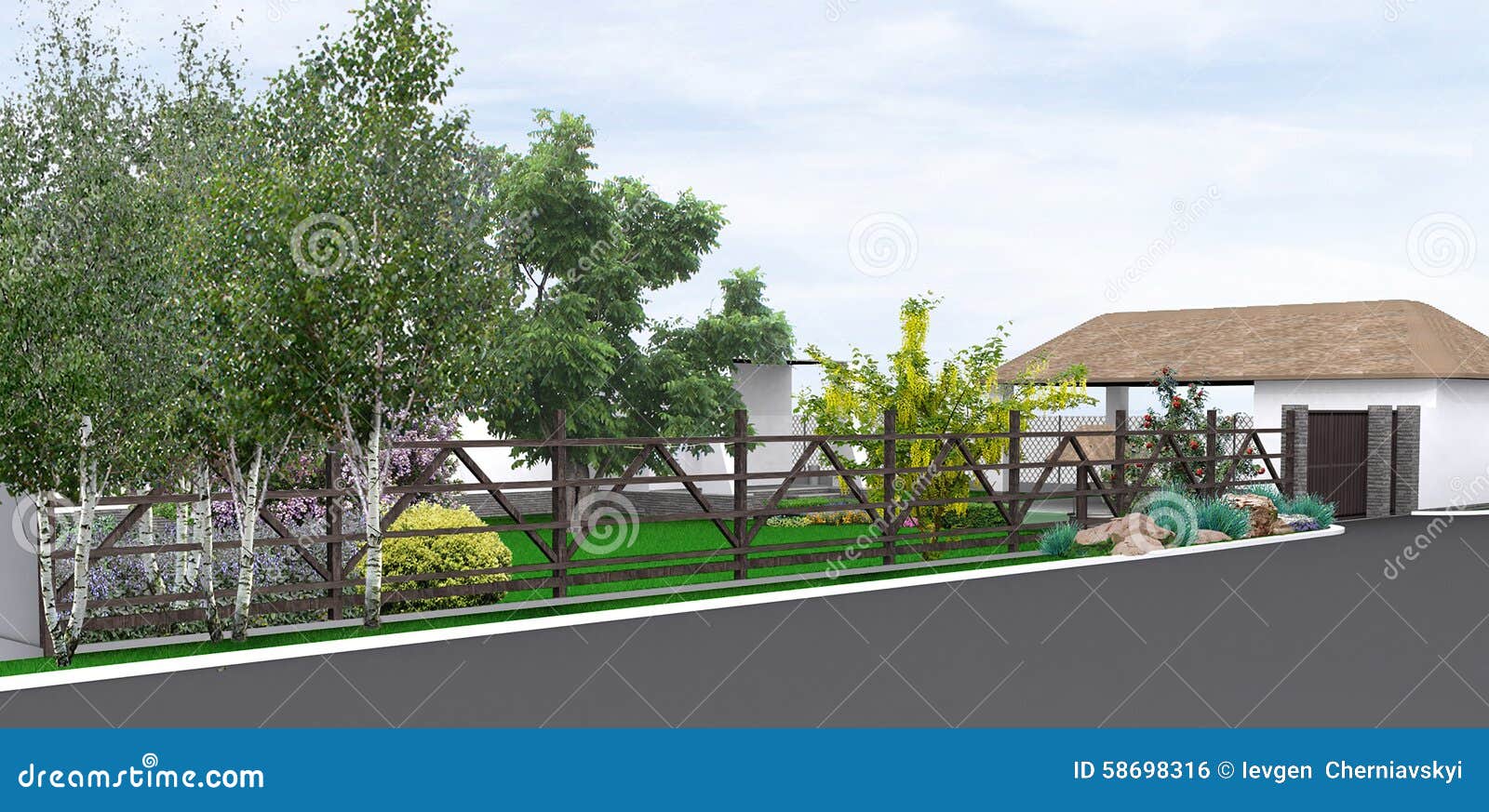 Landscaping Rustic Country Style Master Plan, 3D Render Stock ...