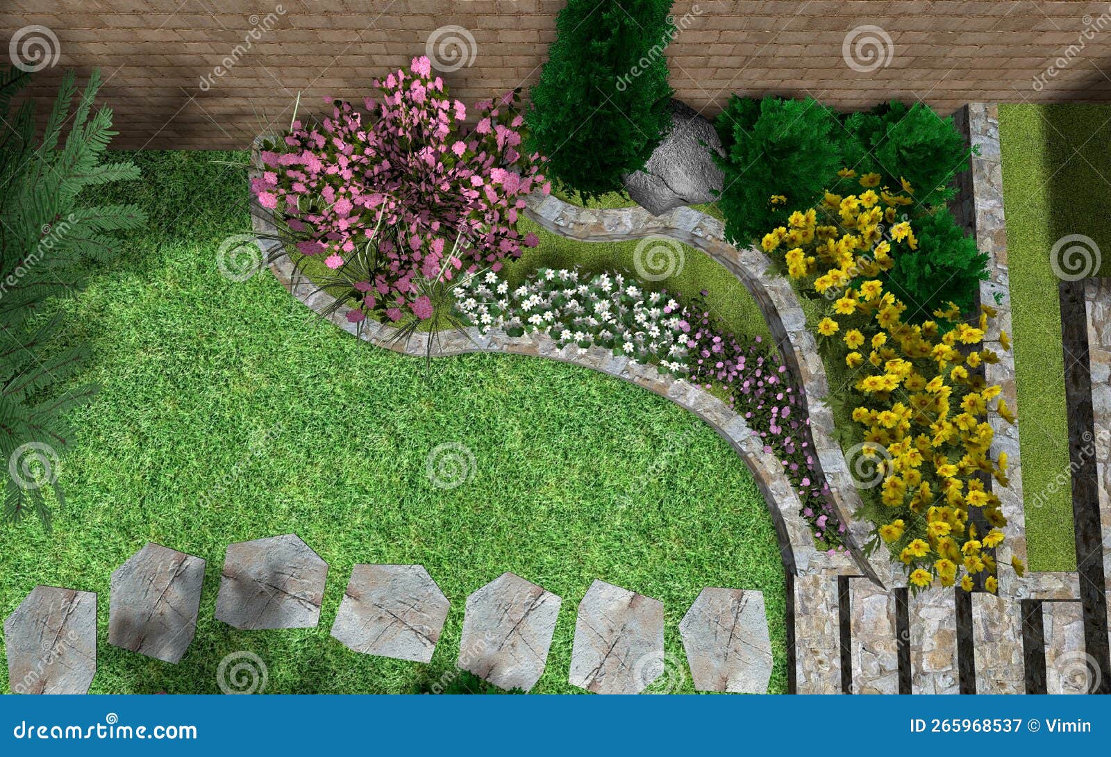 Small Garden Design. Landscape Composition of Plants, Lawn and Paths ...