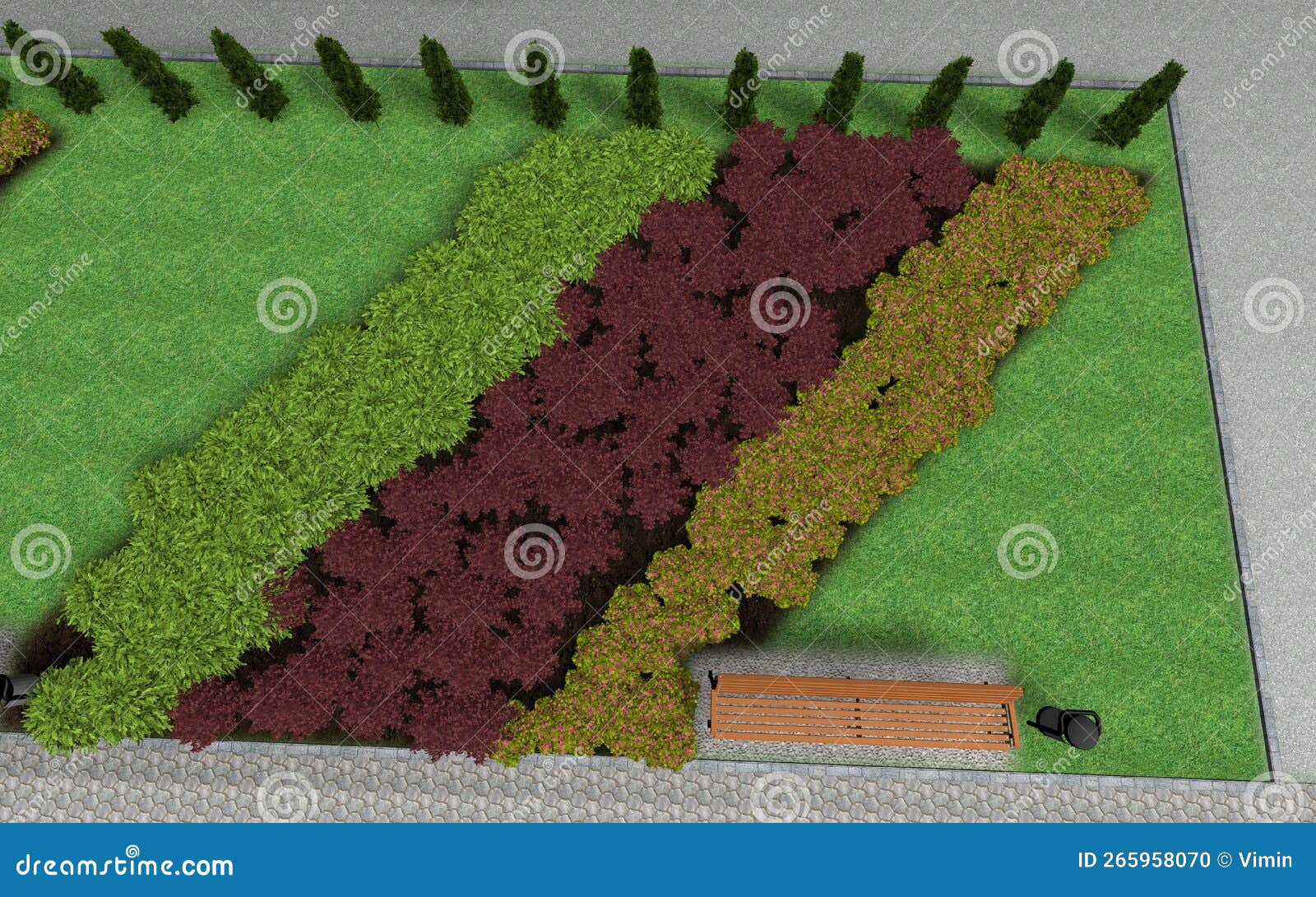 Small Park Design. Recreation Area with a Bench, Bushes, Thujas on the ...