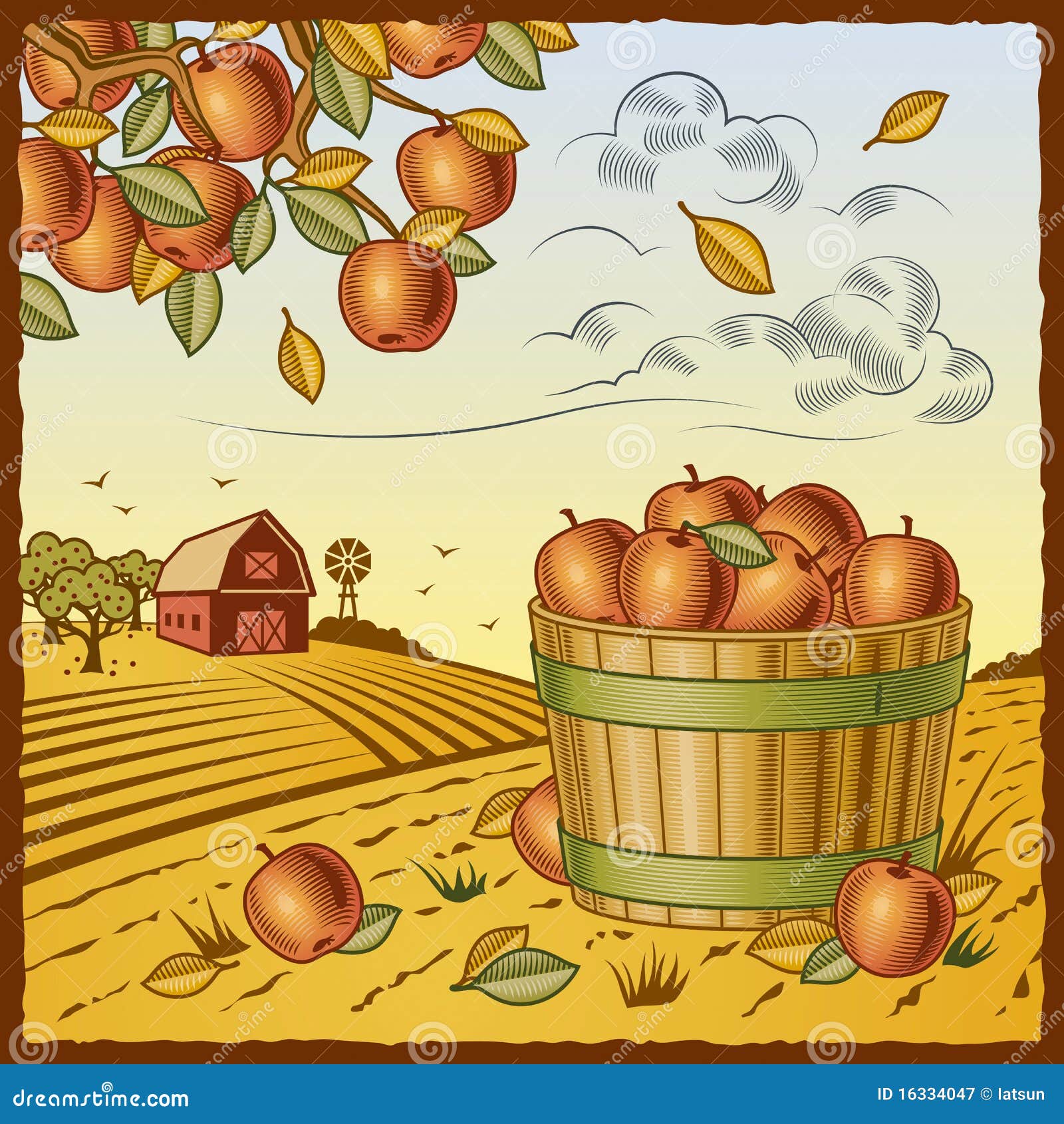 Landschaft mit Apfelernte vektor abbildung. Illustration von haus ...