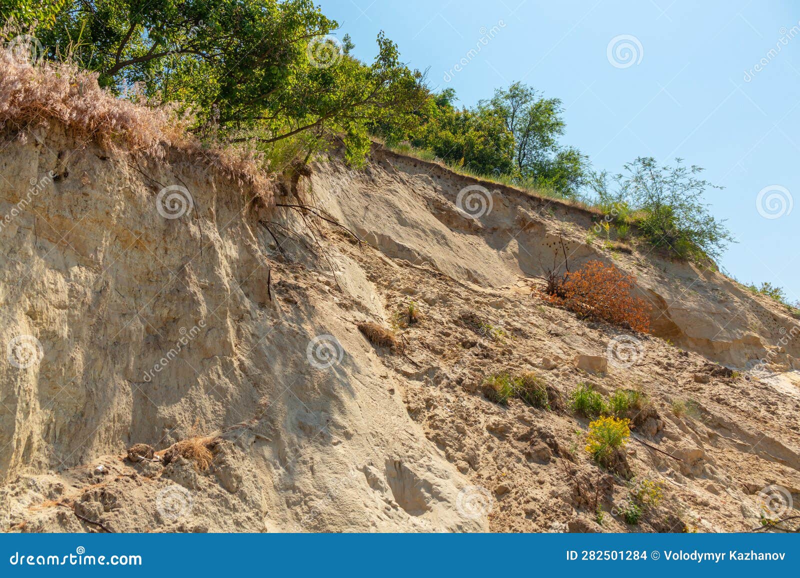 Landslide and Collapse of Sandy Soil on the Shore with Trees and Bushes ...