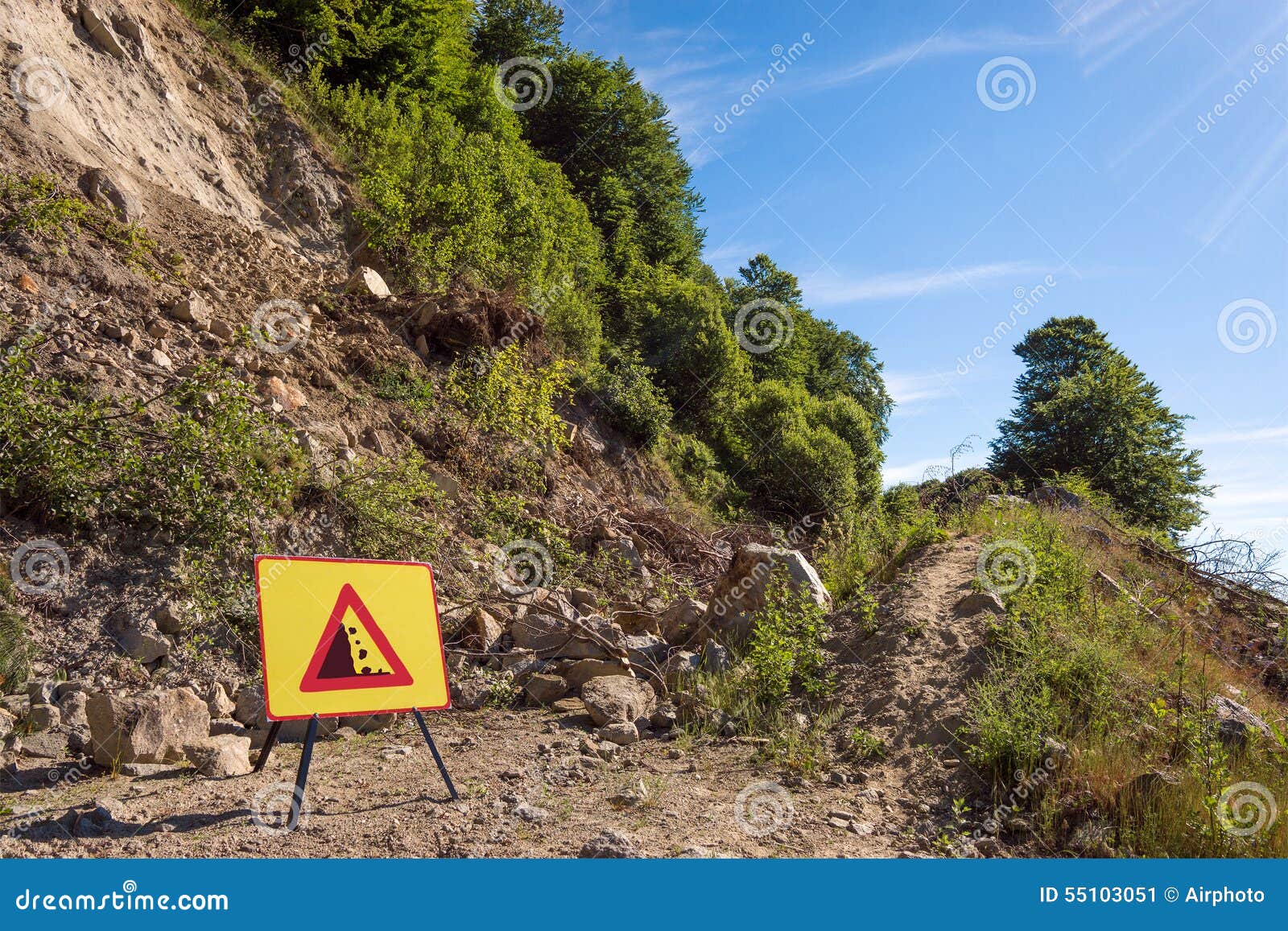 Landslide in Forest Dirt Road and Warning Sign. Stock Image - Image of ...