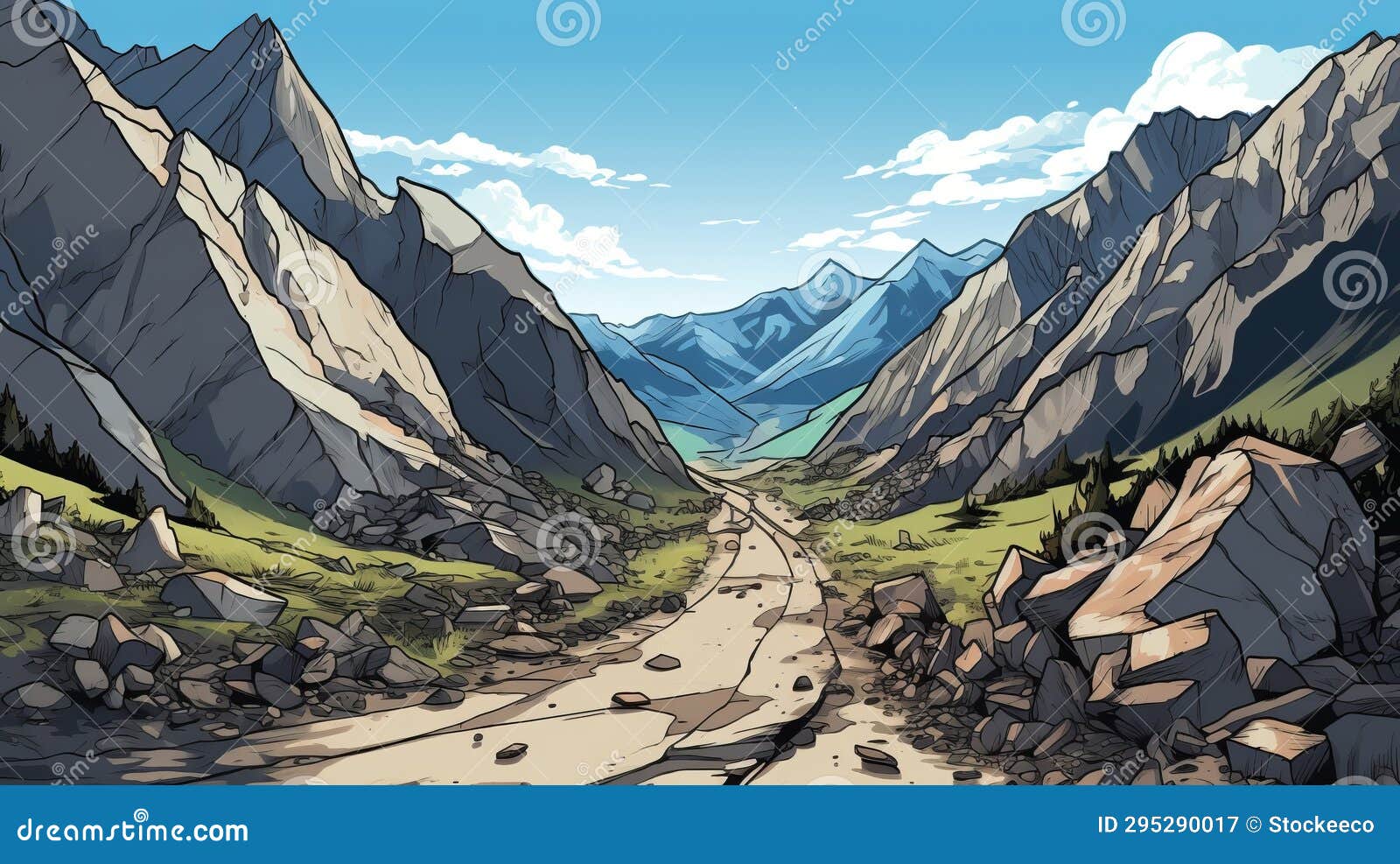 Landslide: a Hyper-detailed Comic Image of a Dirt Road in the Mountains ...