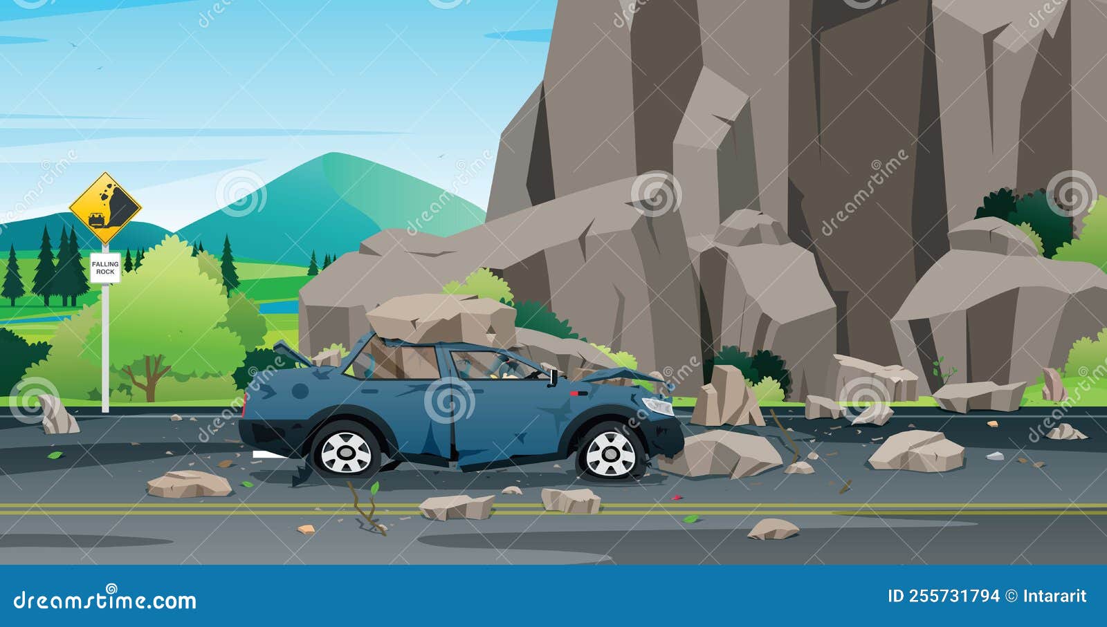 The stone fell on the car. stock vector. Illustration of danger - 255731794