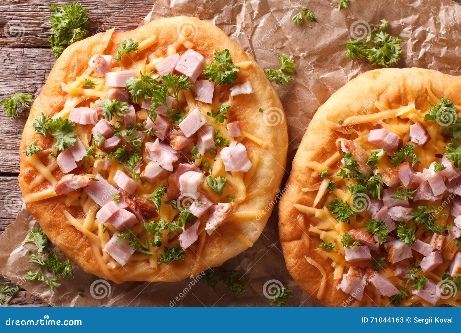 Langos Deep Fried with Cheese and Ham Close-up. Horizontal Top V Stock ...