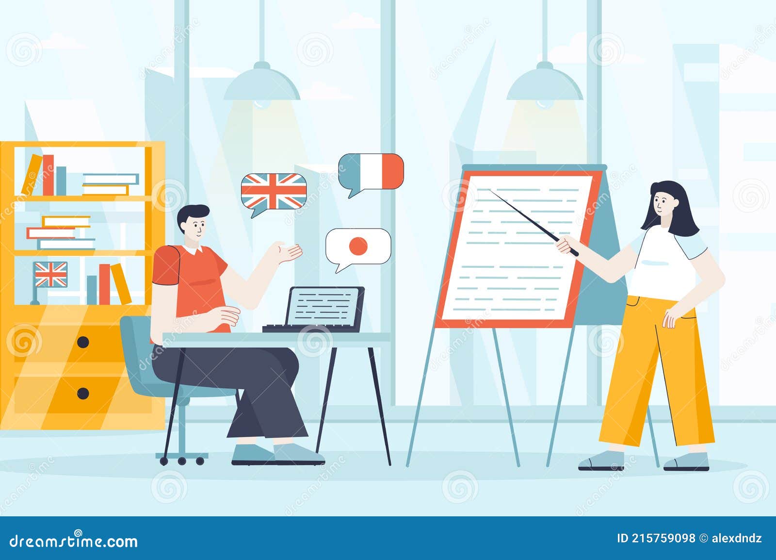 Language Courses Concept in Flat Design. Student in Lesson at Classroom ...