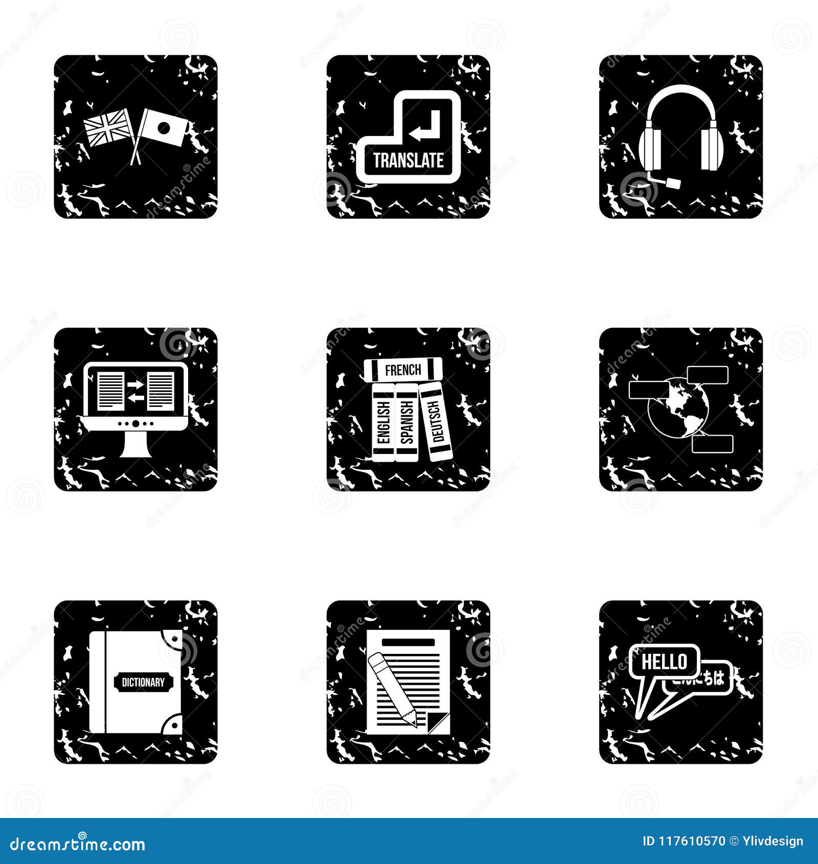 Language Learning Icons Set, Grunge Style Stock Vector - Illustration ...
