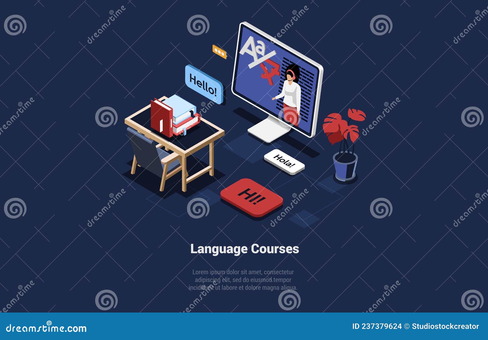 Language Study Courses Vector Illustration in Cartoon 3D Style on Dark ...