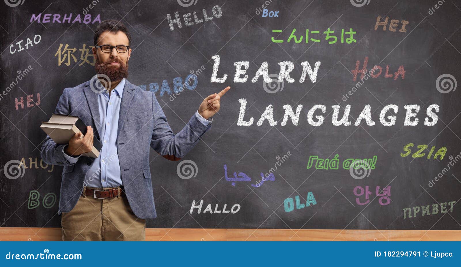 Language Teacher in Front of a Blackboard with Text Learn Languages ...