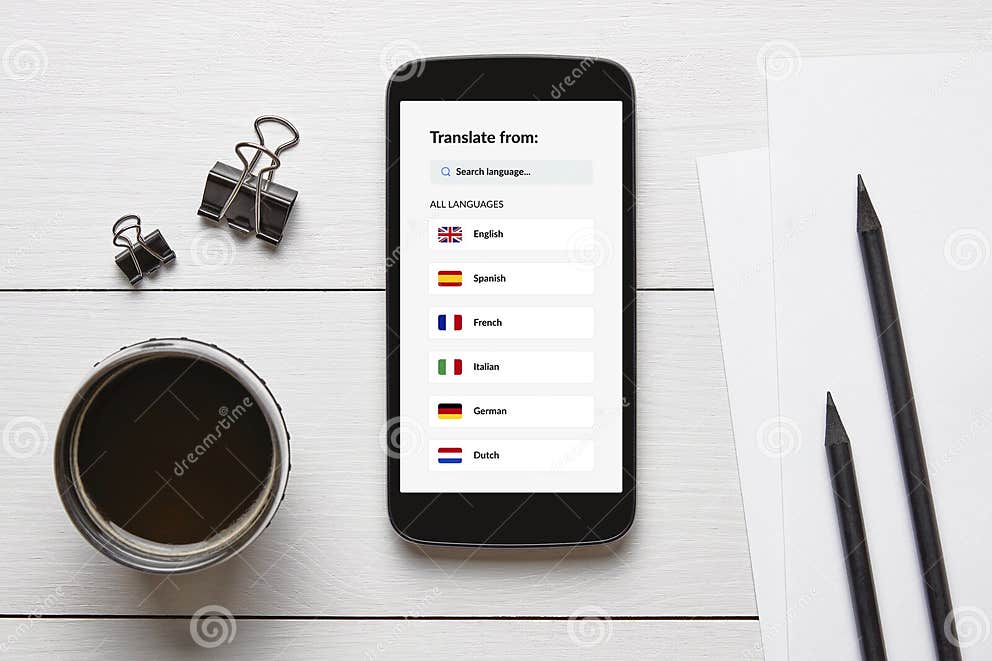 Language Translator App Concept on Smartphone Screen with Office ...