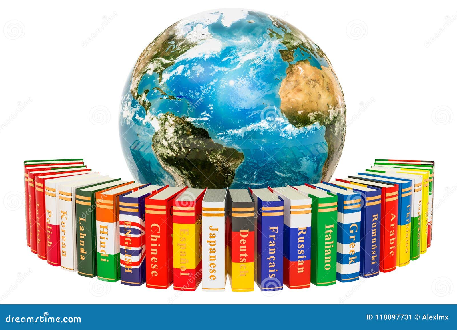 Languages Books with Earth Globe, 3D Rendering Stock Illustration ...