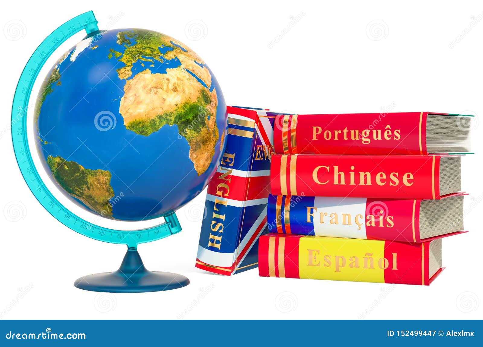 Languages Books with Geographical Globe of Earth, 3D Rendering Stock ...
