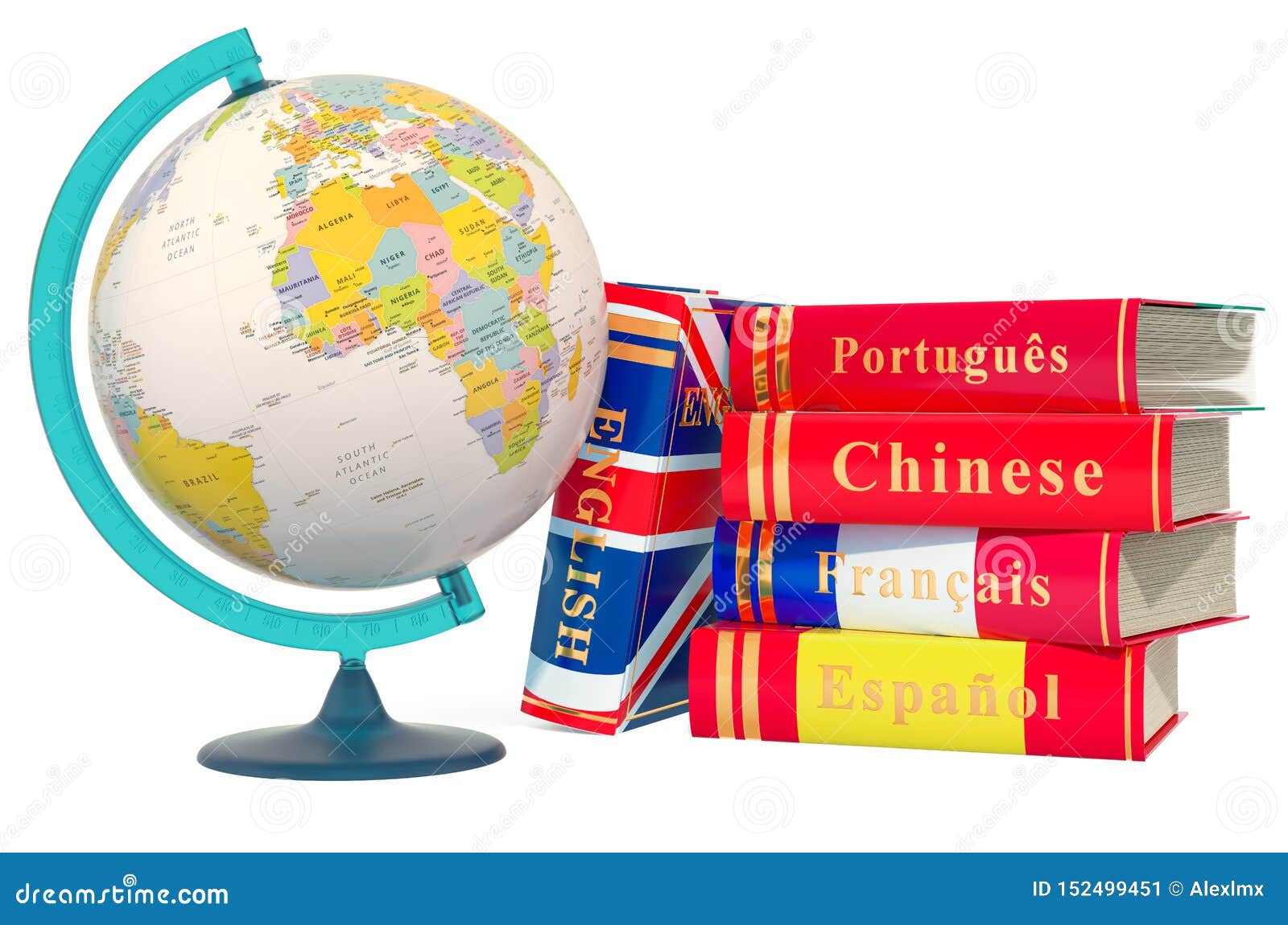 Languages Books with Political Globe of Earth, 3D Rendering Stock ...