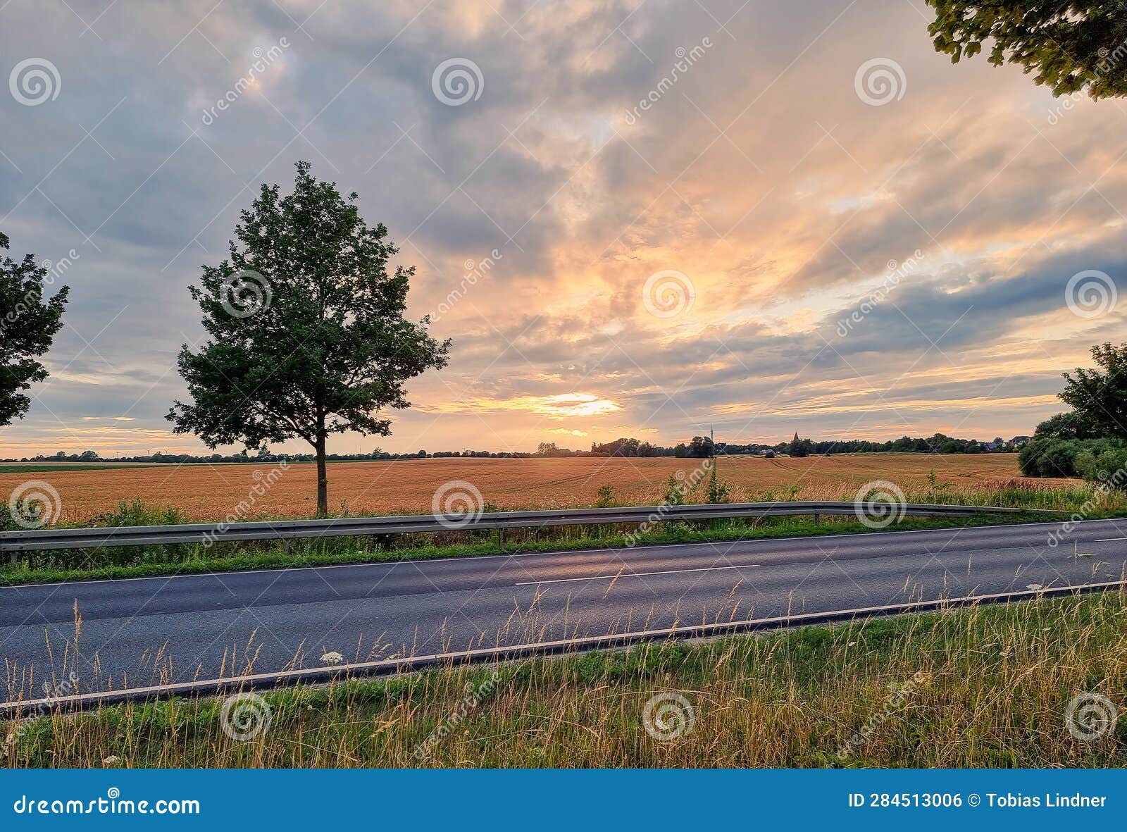 Lanscape with Road and Agricultural Fields, Sunset Sky Stock Photo ...