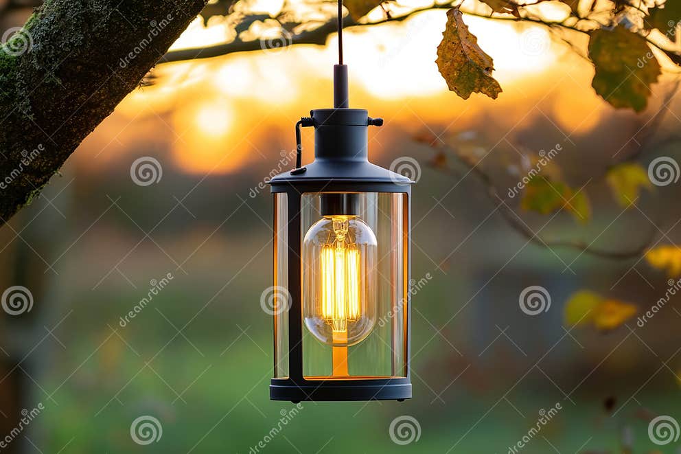 Lantern with a Bulb Hanging from a Tree Branch Stock Image - Image of ...