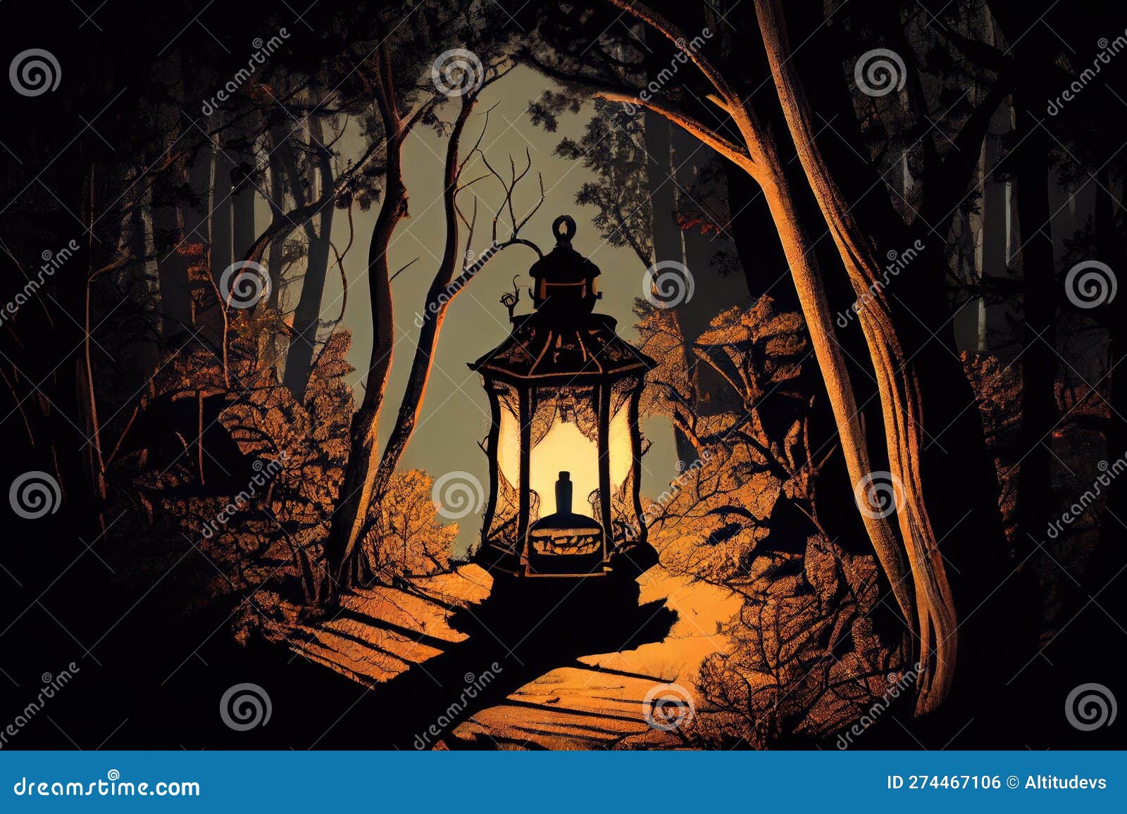 Lantern in a Forest, with Trees Casting Shadows on the Lantern Stock ...