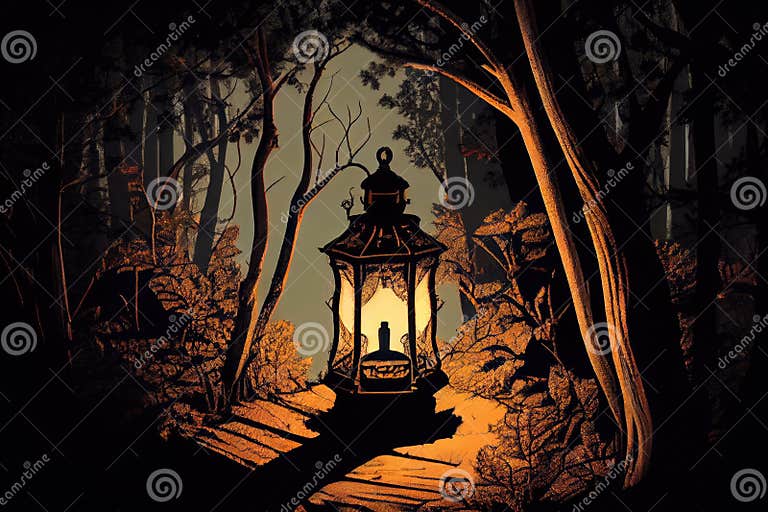 Lantern in a Forest, with Trees Casting Shadows on the Lantern Stock ...
