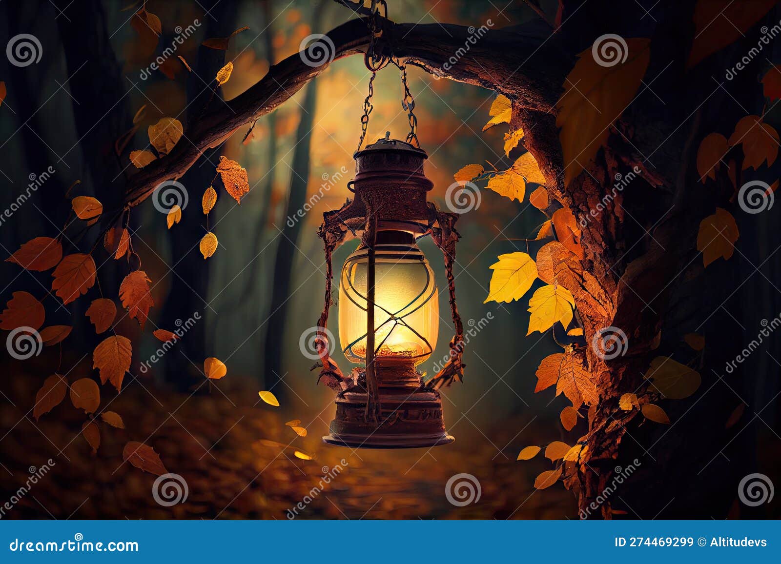 Lantern Hanging from Tree in the Forest, with Lantern Light Shining ...