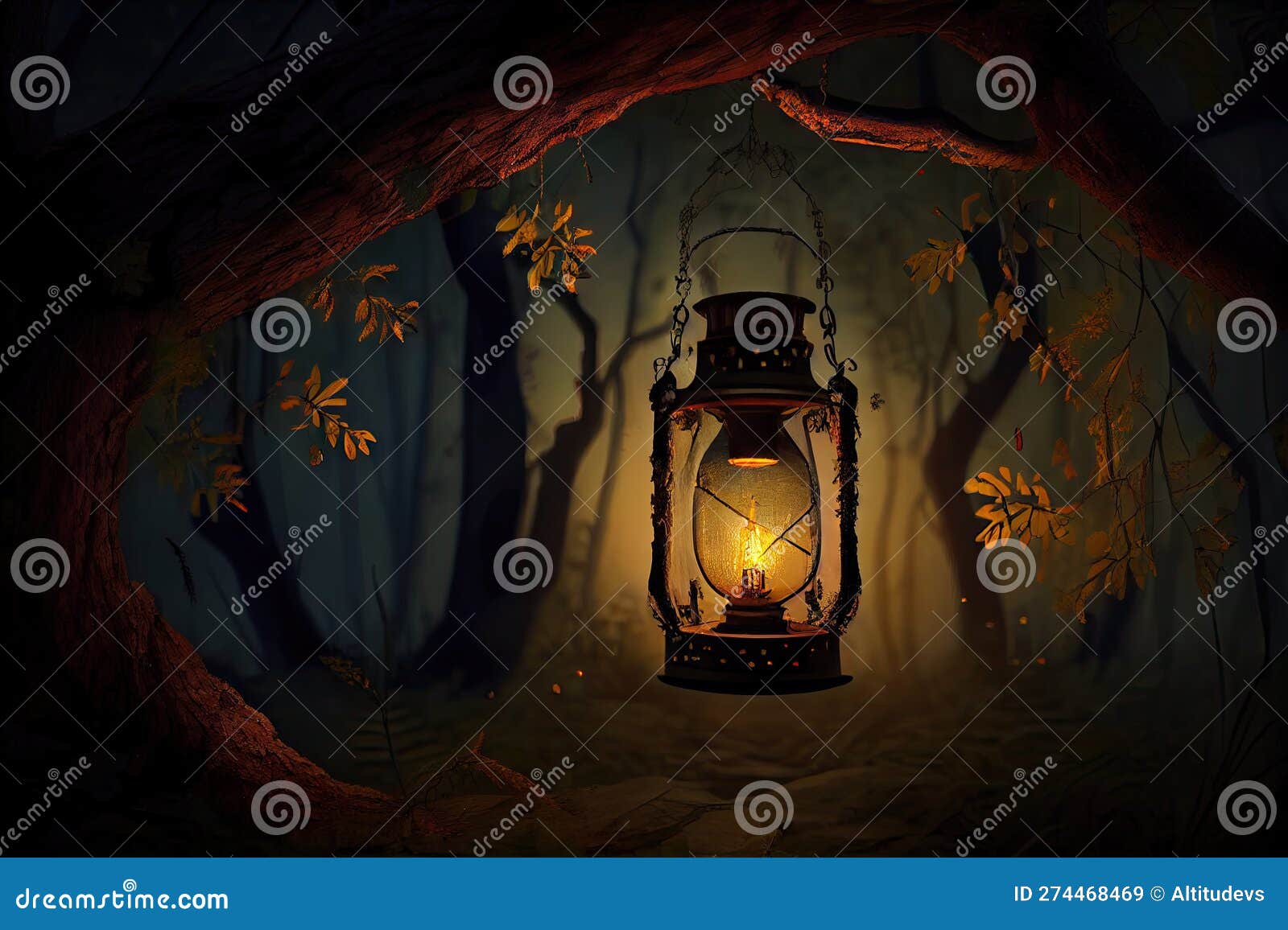 Lantern Hanging from Tree in Forest, with Lantern Light Shining through ...