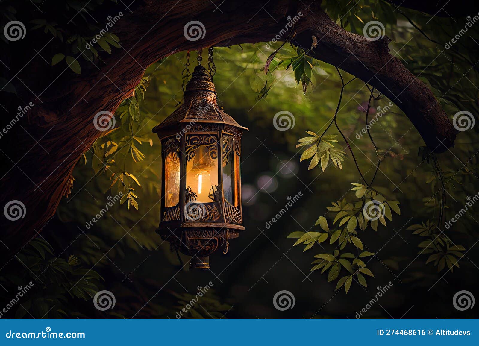 Lantern Hanging from Tree, Surrounded by Lush Greenery Stock ...