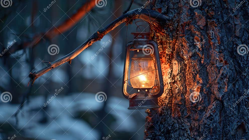 A Lantern Hangs from a Tree Branch in the Woods, Providing Soft Light ...
