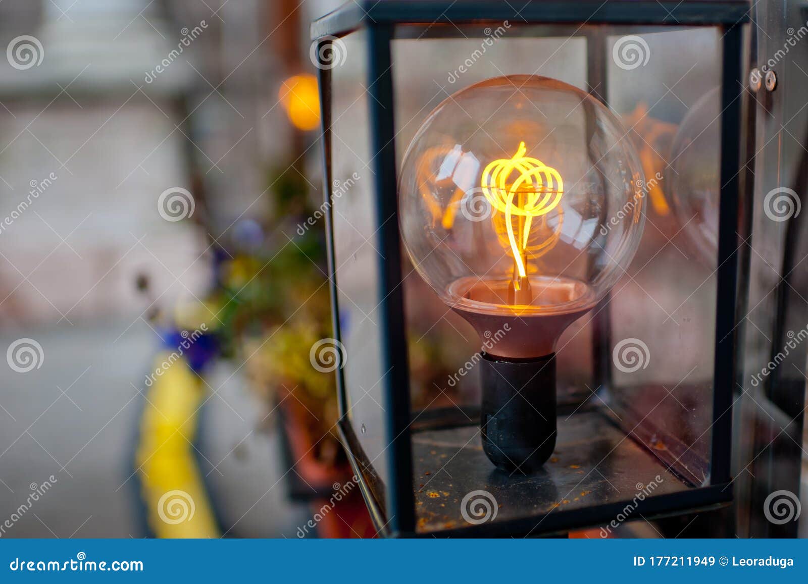 Lantern with light bulb. stock image. Image of energy - 177211949