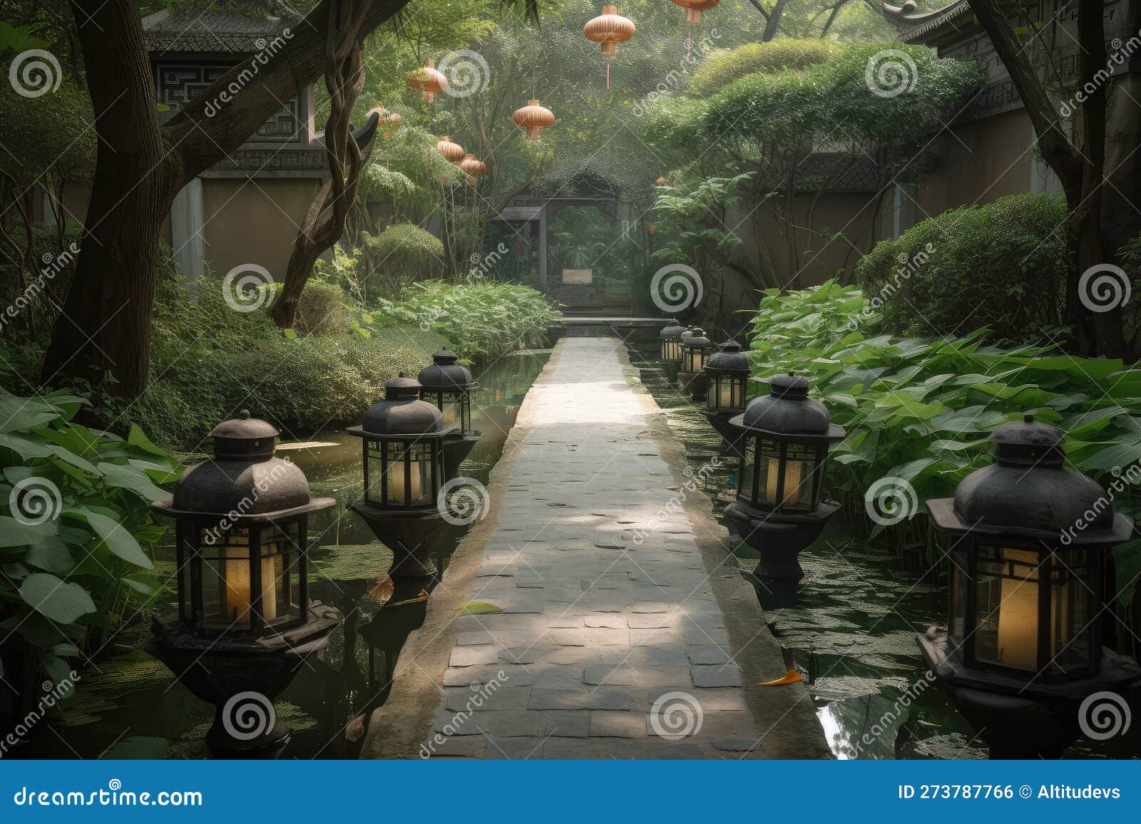 A Lantern-lined Garden Path Leading To a Pool of Water Stock ...