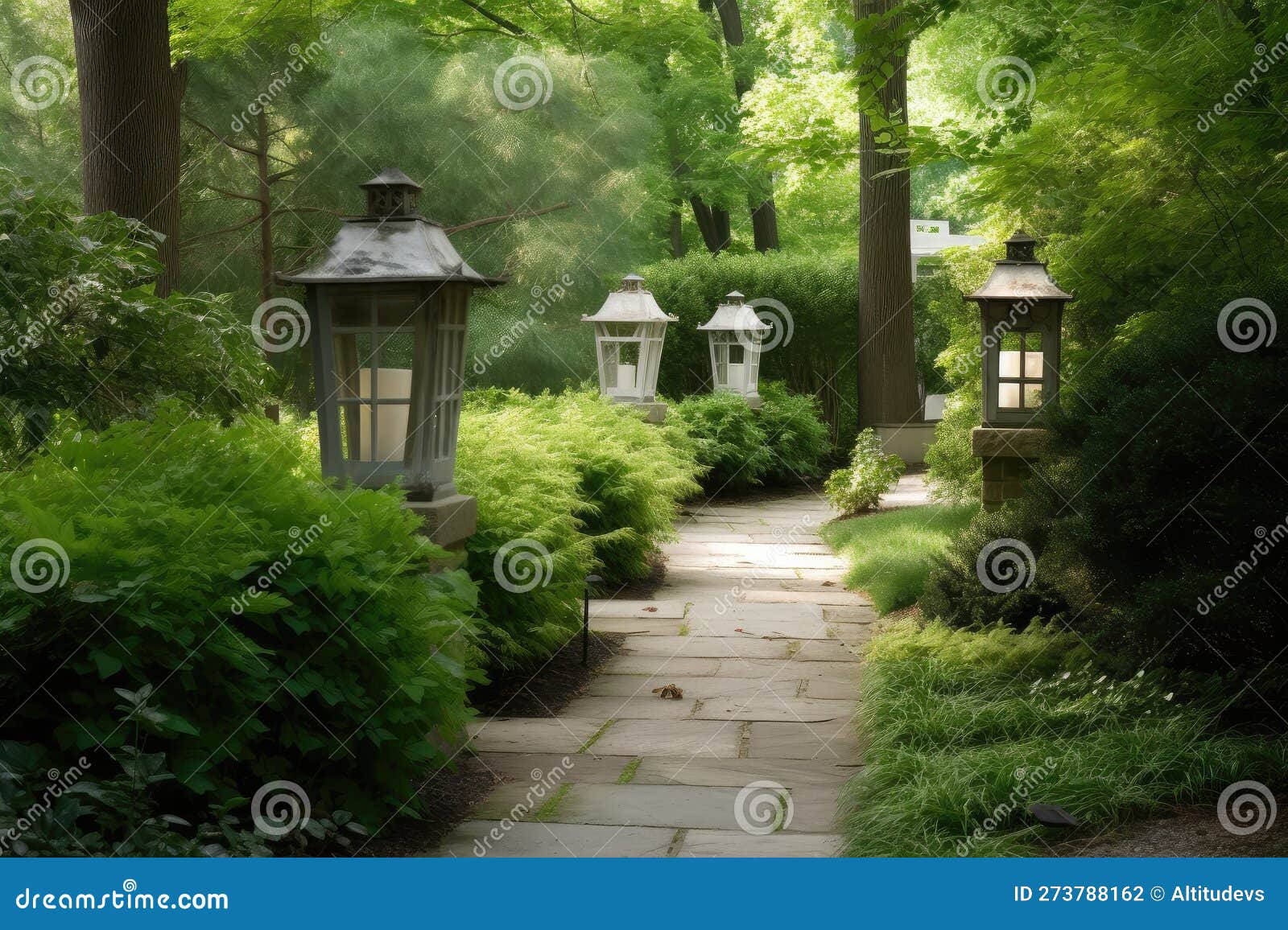 A Lantern-lined Path Leading To a Serene Garden Oasis Stock Photo ...