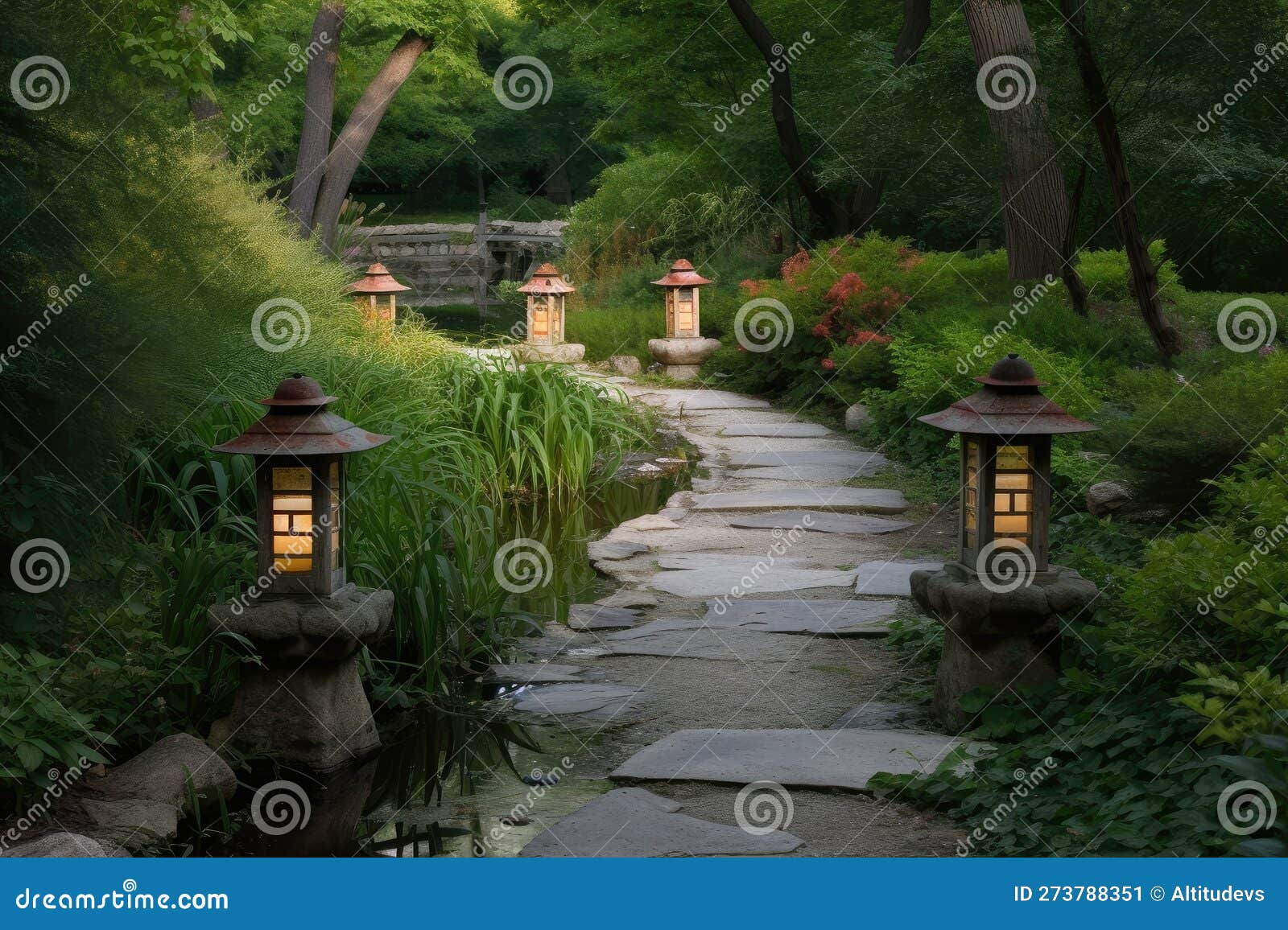 Lantern-lined Path Leading To Serene Garden Pond Stock Image - Image of ...