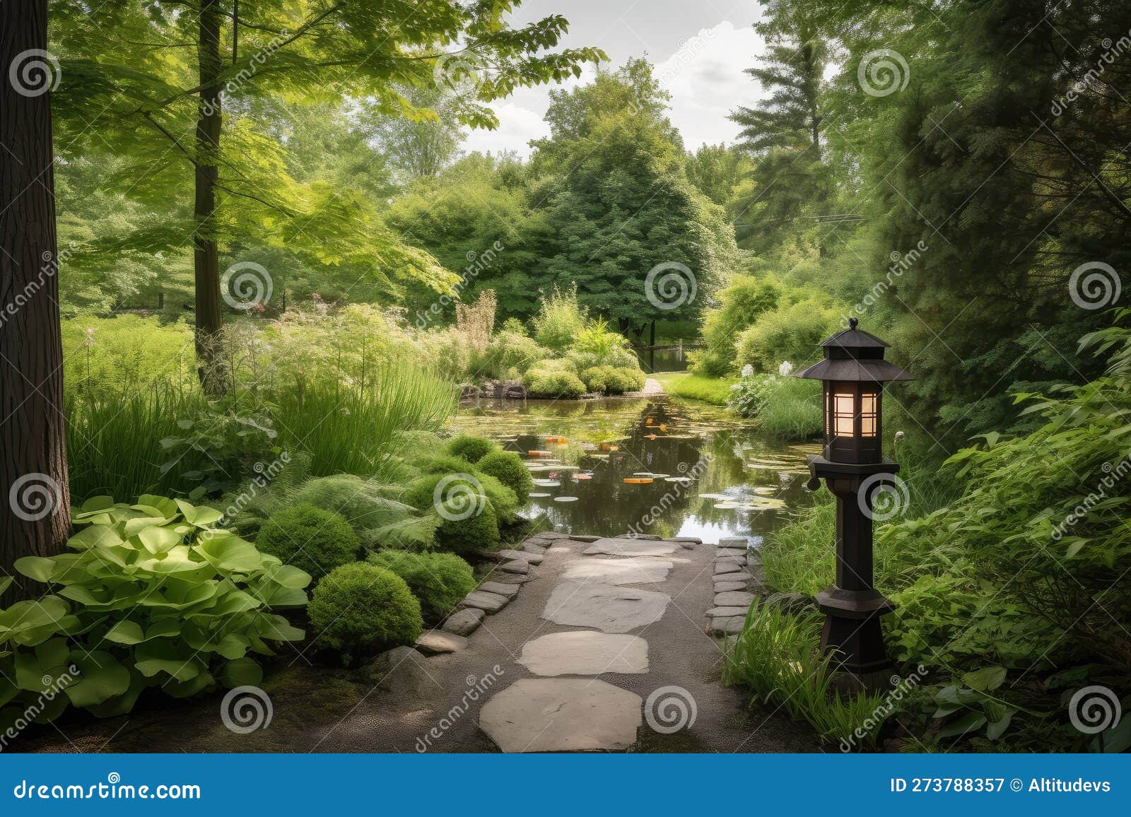 Lantern-lined Path Leading To Serene Garden Pond Stock Image - Image of ...
