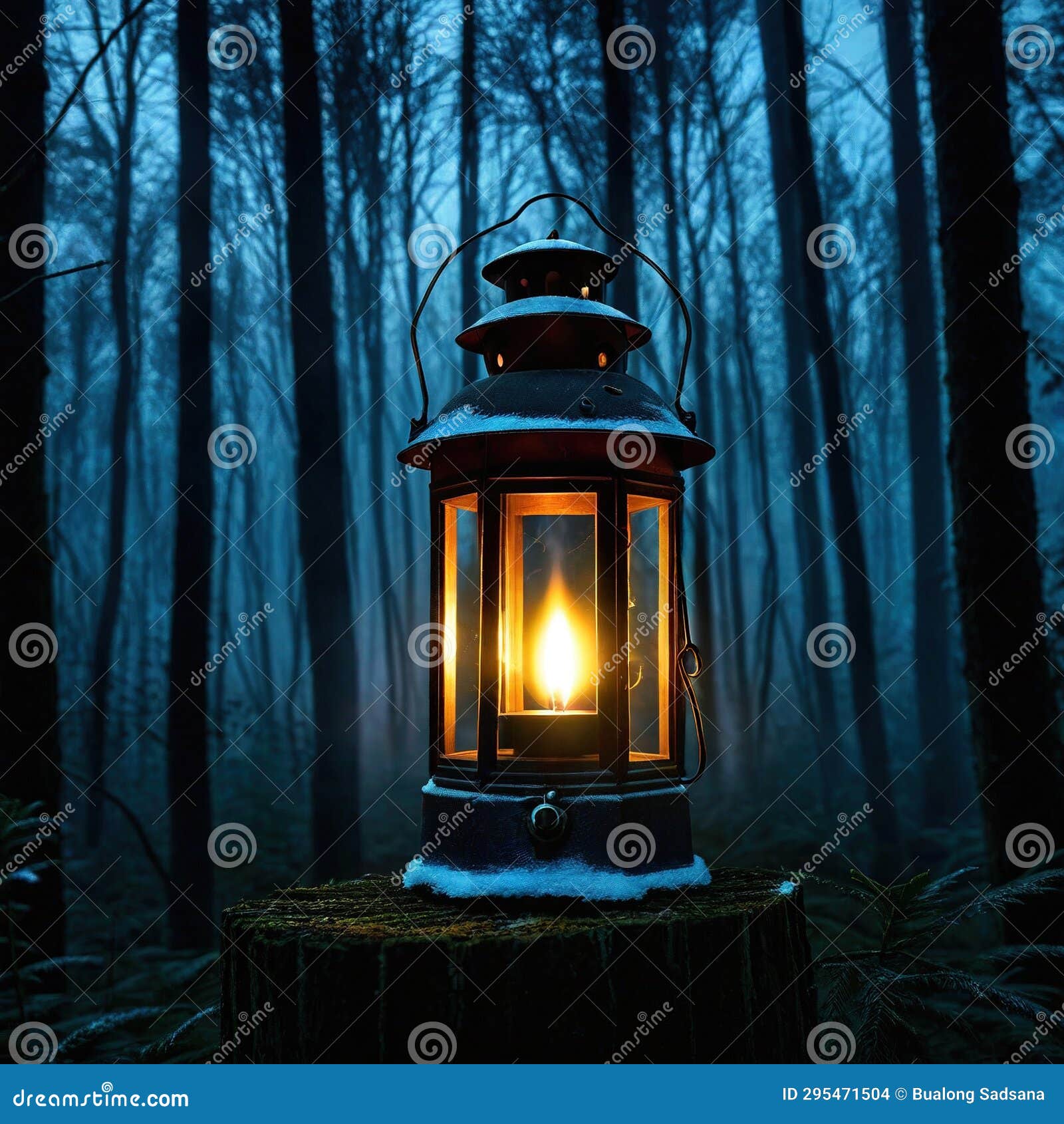 Lantern is Lit in the Middle of Dark Forest with Trees in the ...