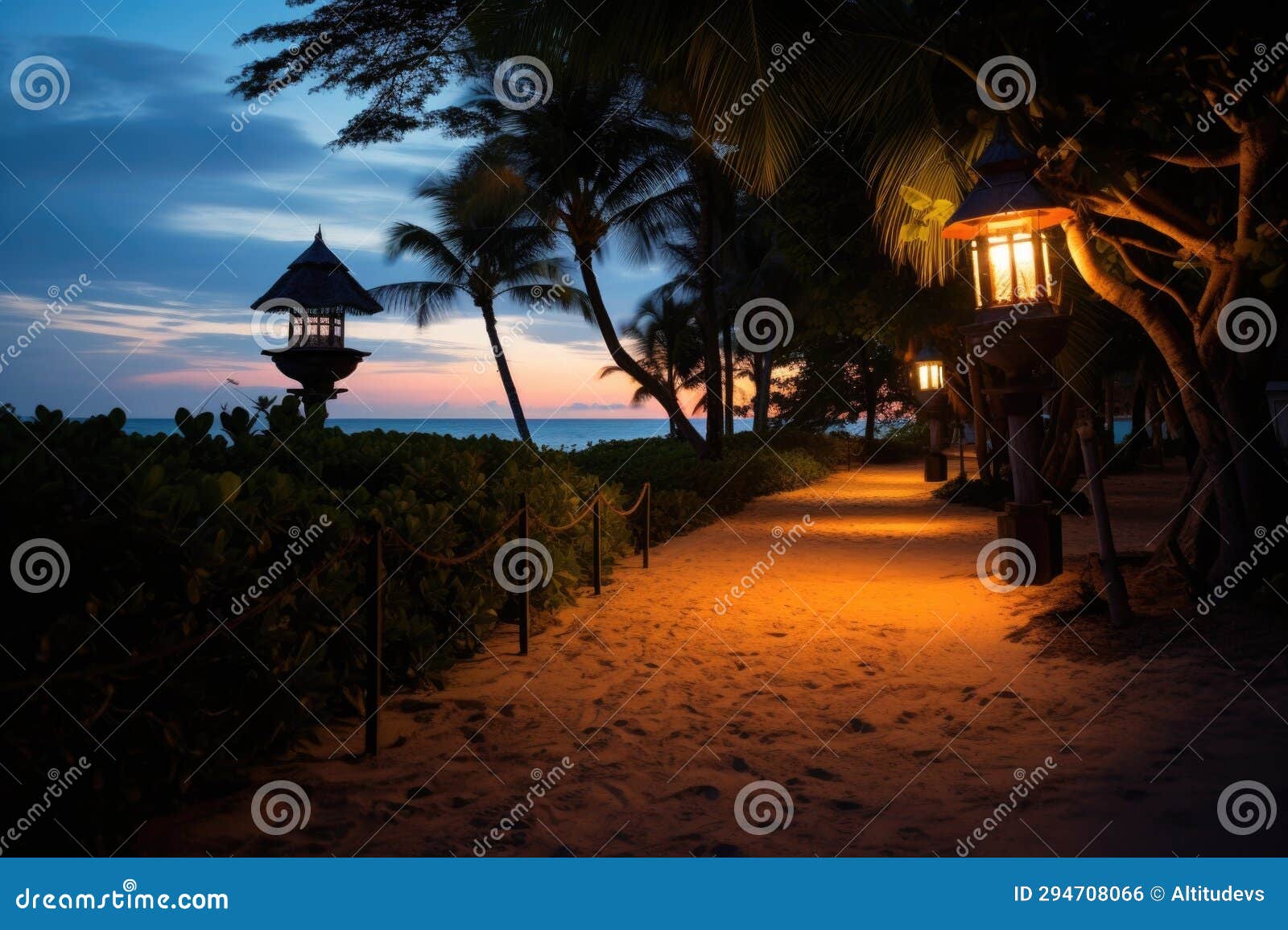 A Lantern-lit Path Leading To a Tropical Beach at Dusk Stock Photo ...