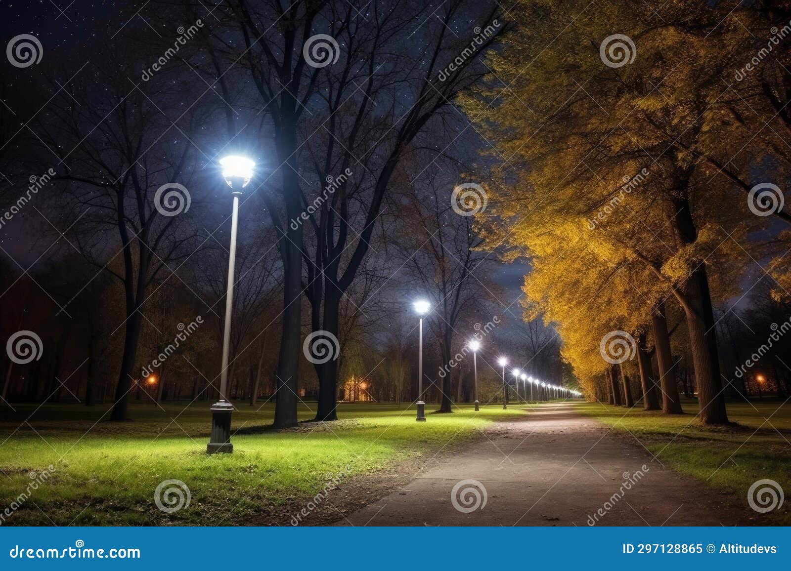 A Lantern-lit Path in a Park Under the Night Sky Stock Image - Image of ...