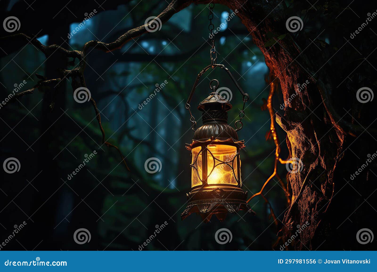A Lantern at Night on a Tree Branch Stock Illustration - Illustration ...