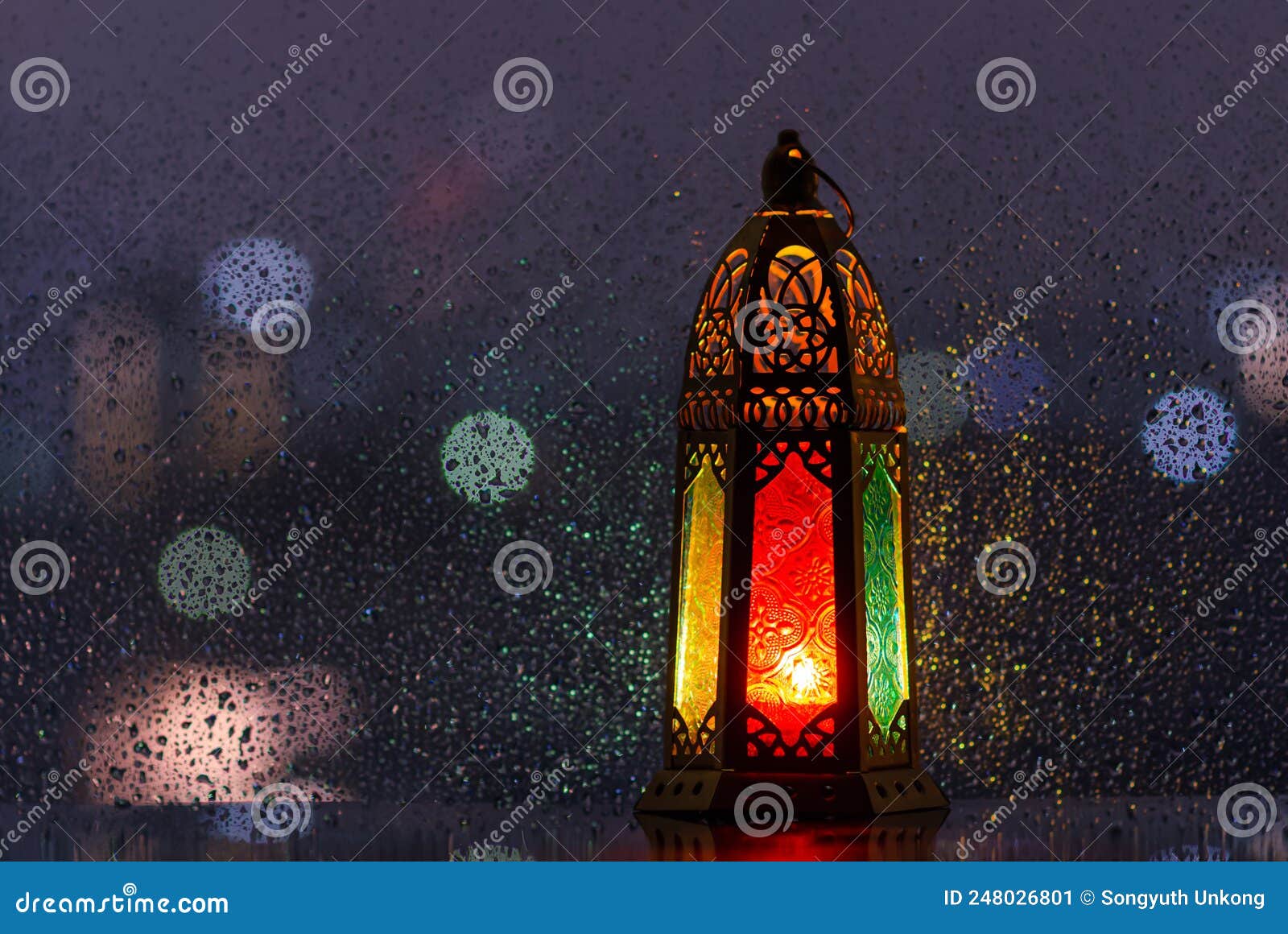 Lantern Put at Window with Rain Drop at Night Stock Image - Image of ...